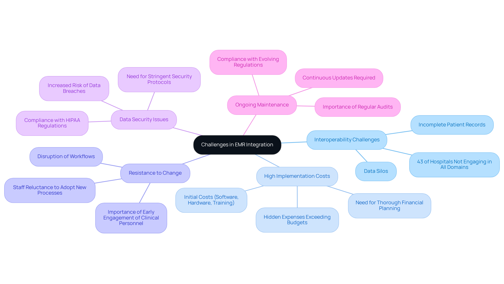 The central node represents the overall theme of EMR integration challenges. Each branch highlights a specific challenge, and the sub-branches provide additional details or considerations related to that challenge. The central node represents the overall theme of EMR integration challenges. Each branch highlights a specific challenge, and the sub-branches provide additional details or considerations related to that challenge.