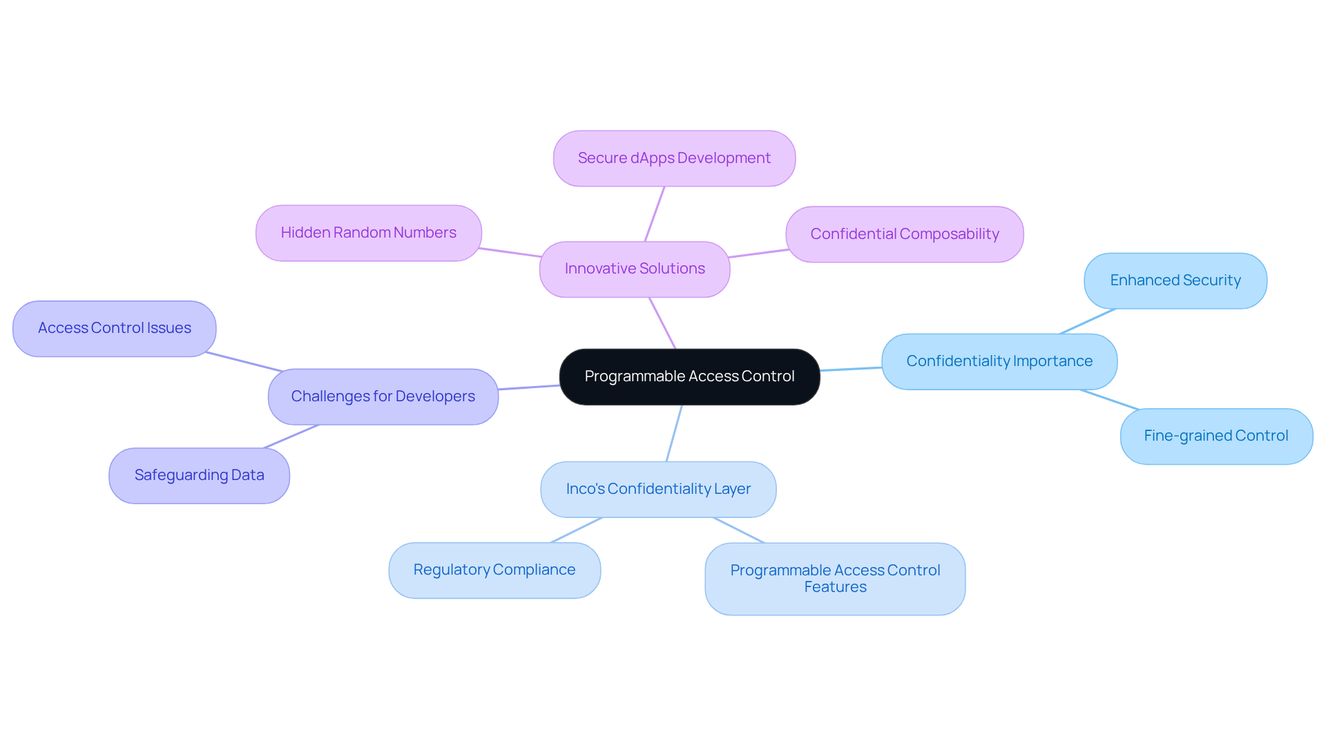 Start at the center with the main idea, then follow the branches to explore related concepts and details that contribute to understanding programmable access control in the context of blockchain confidentiality. Start at the center with the main idea, then follow the branches to explore related concepts and details that contribute to understanding programmable access control in the context of blockchain confidentiality.