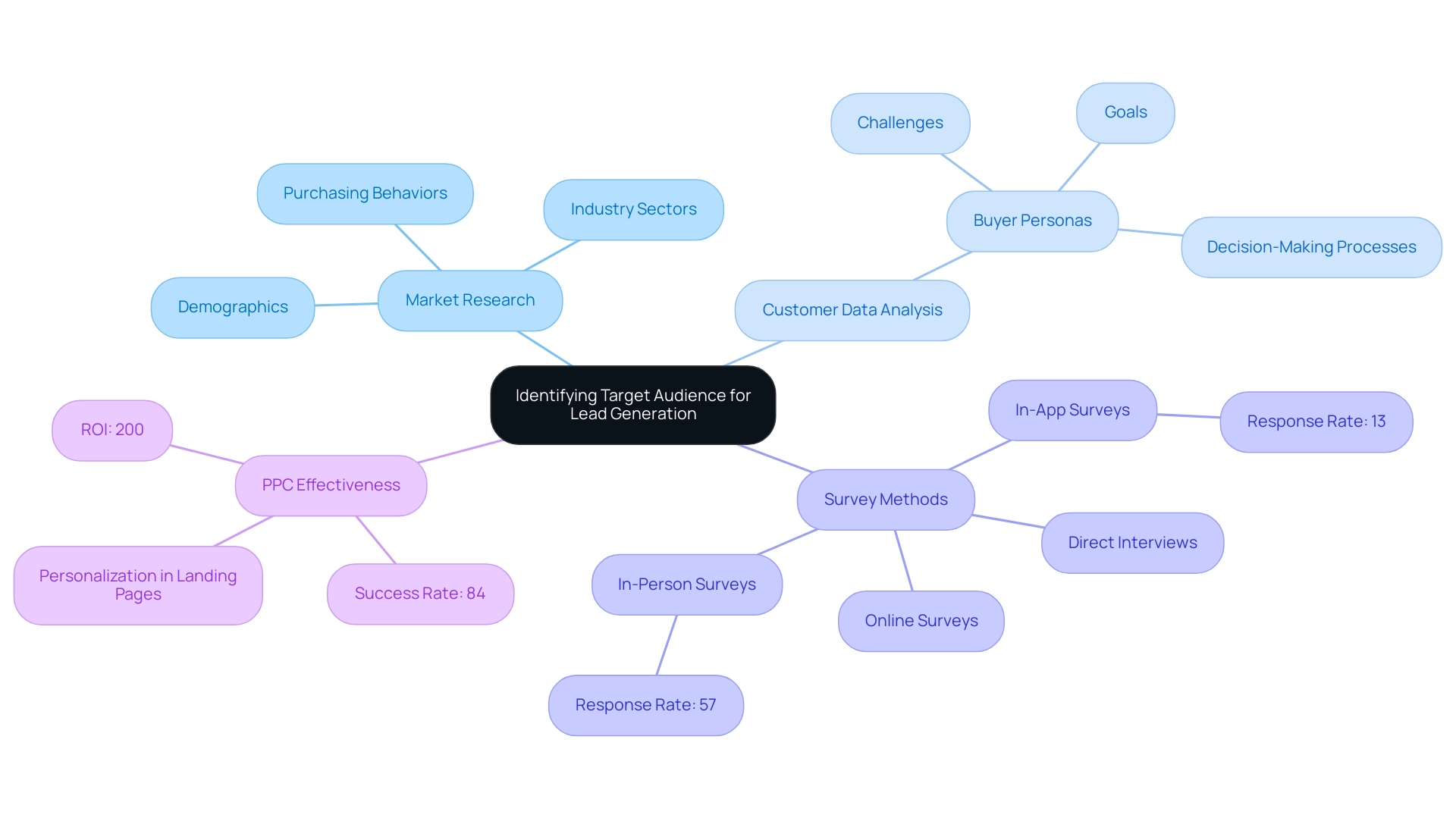 Each branch represents a key element in the process of identifying the target audience, with color coding distinguishing between major categories and their respective sub-elements.