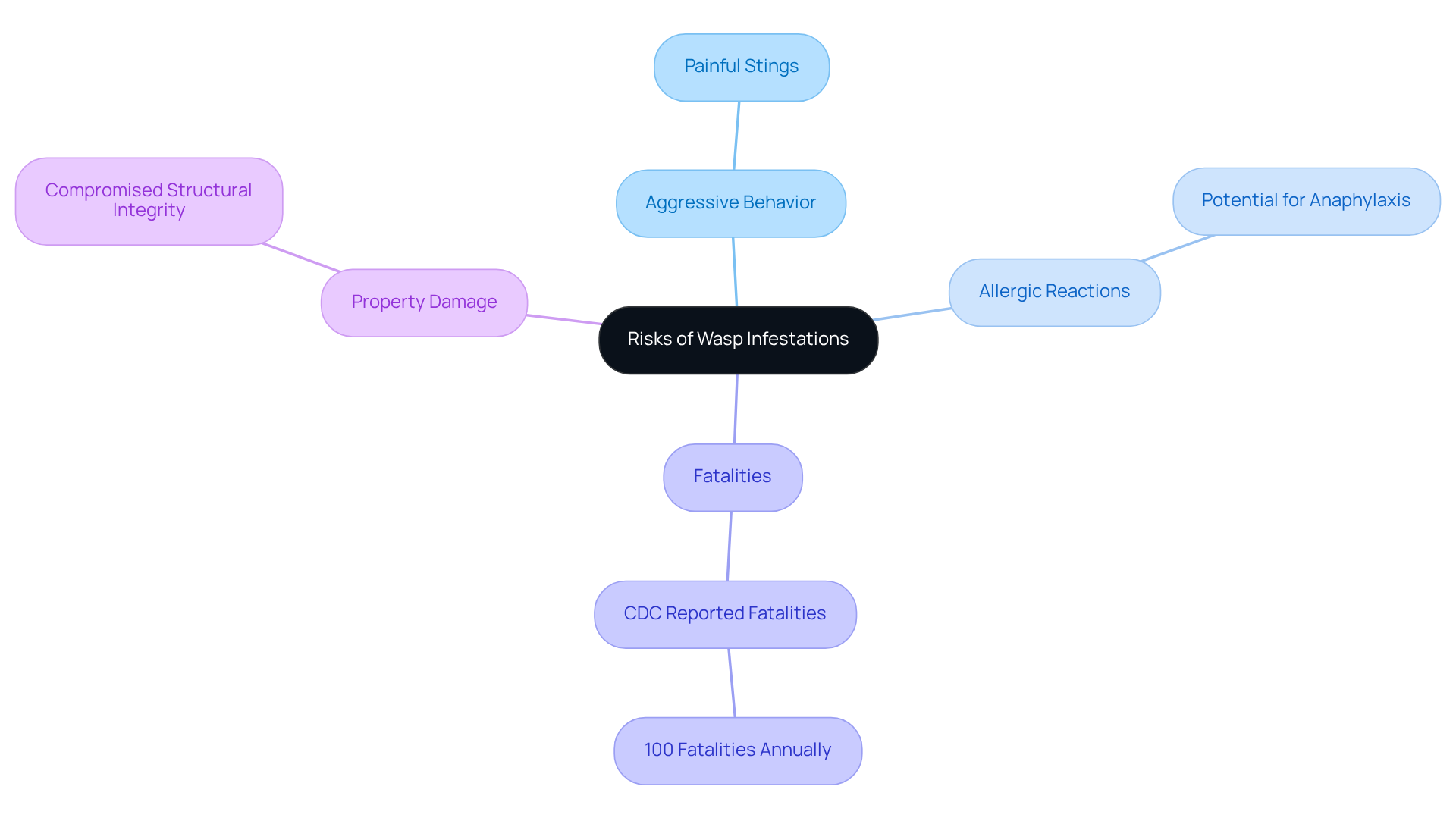 The central node represents the overall risks of wasp infestations. Each branch highlights a specific risk, with further details provided to explain the implications of each risk.