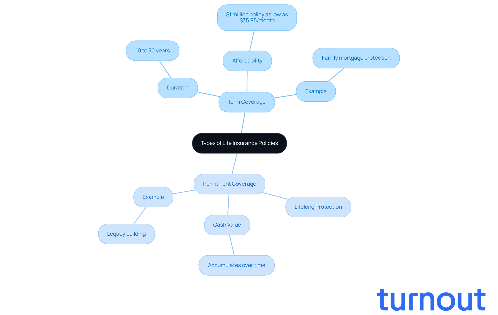The central node represents the main topic of life insurance policies. The branches show the two main types, with further details and examples to help you understand their differences and uses.