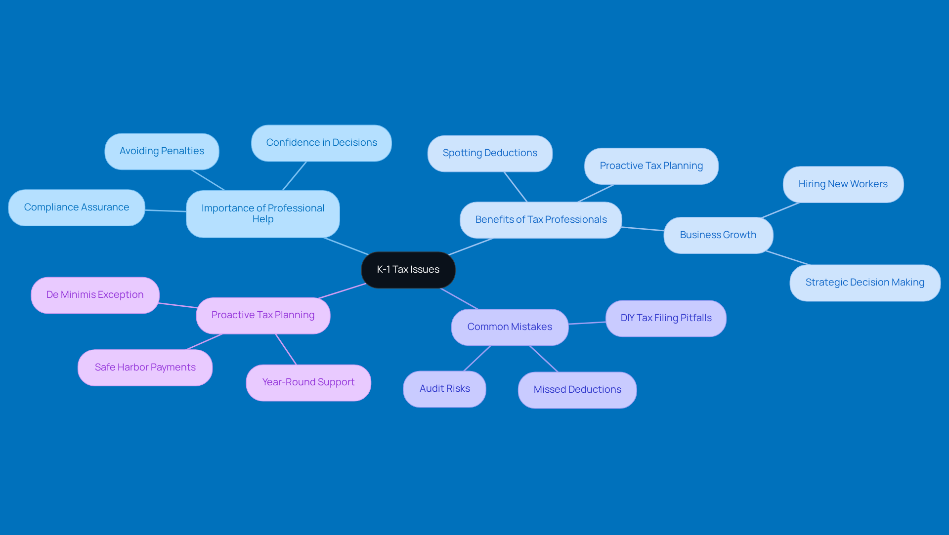 The center represents K-1 tax issues, and the branches show how professional help can make a difference. Each branch highlights a key benefit or consideration, helping you see the full picture of why hiring a tax professional is a smart move.