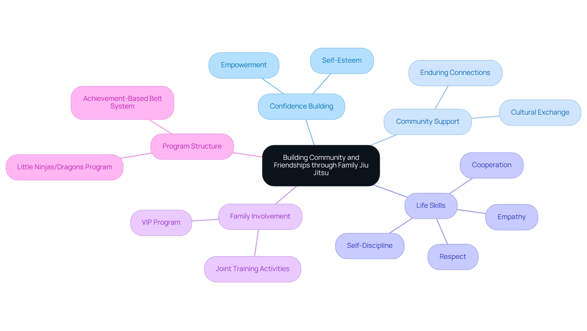 Each branch represents a key theme (Confidence, Community, Life Skills, Family, Program) with sub-branches detailing specific elements contributing to the overall experience.
