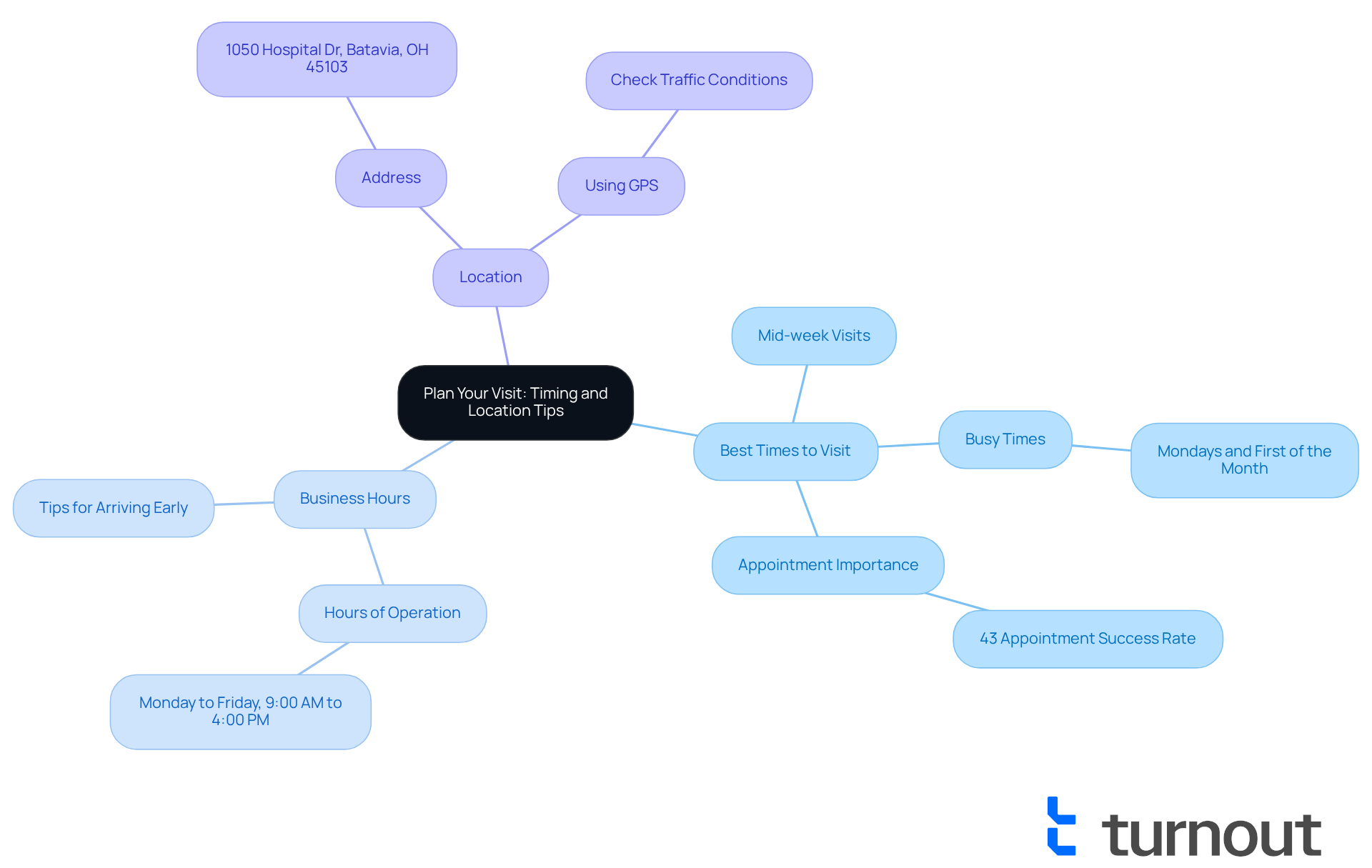The central node represents the main topic of planning your visit, with branches showing specific tips for timing, hours, and location. Each branch provides actionable advice to enhance your experience.