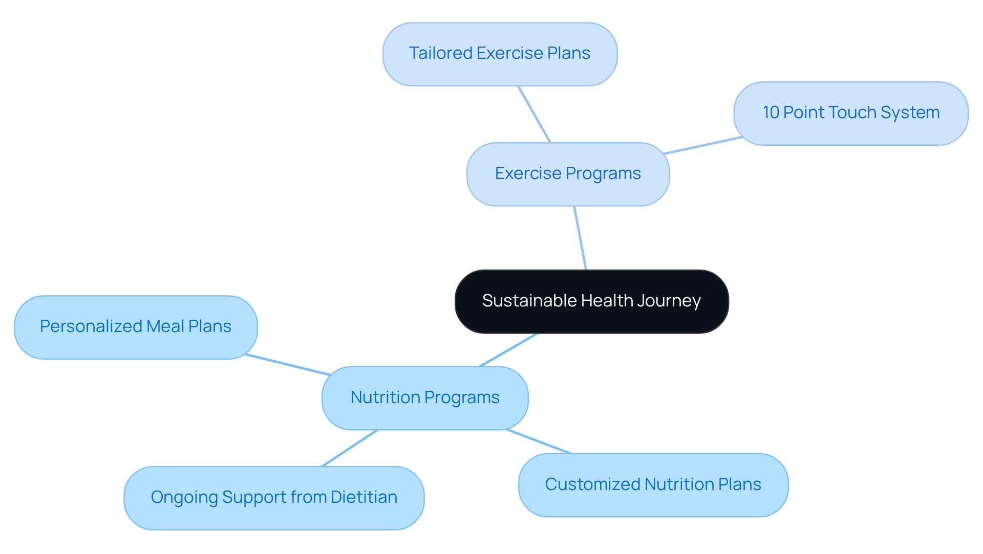 This mindmap illustrates the key components of a sustainable health journey. Start at the center with the overall goal, then explore how nutrition and exercise work together to support your transformation. Each branch represents a crucial aspect of the program, showing how they connect to help you achieve lasting health.
