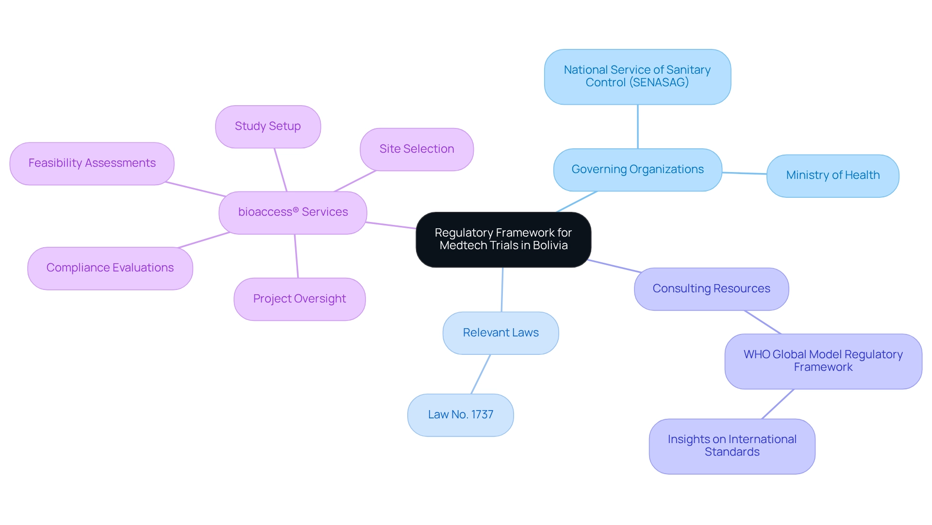 The central node represents the main theme, and each branch shows different aspects of the regulatory framework and services. The colors help distinguish between the types of information for better understanding.