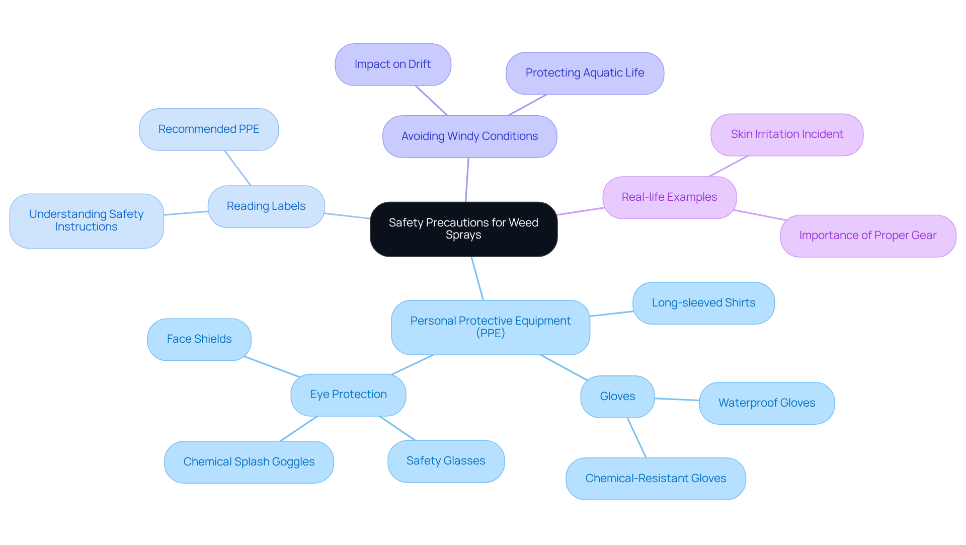 The center shows the main focus on safety, with branches detailing specific precautions and practices. Each branch highlights an important aspect of using weed sprays safely.