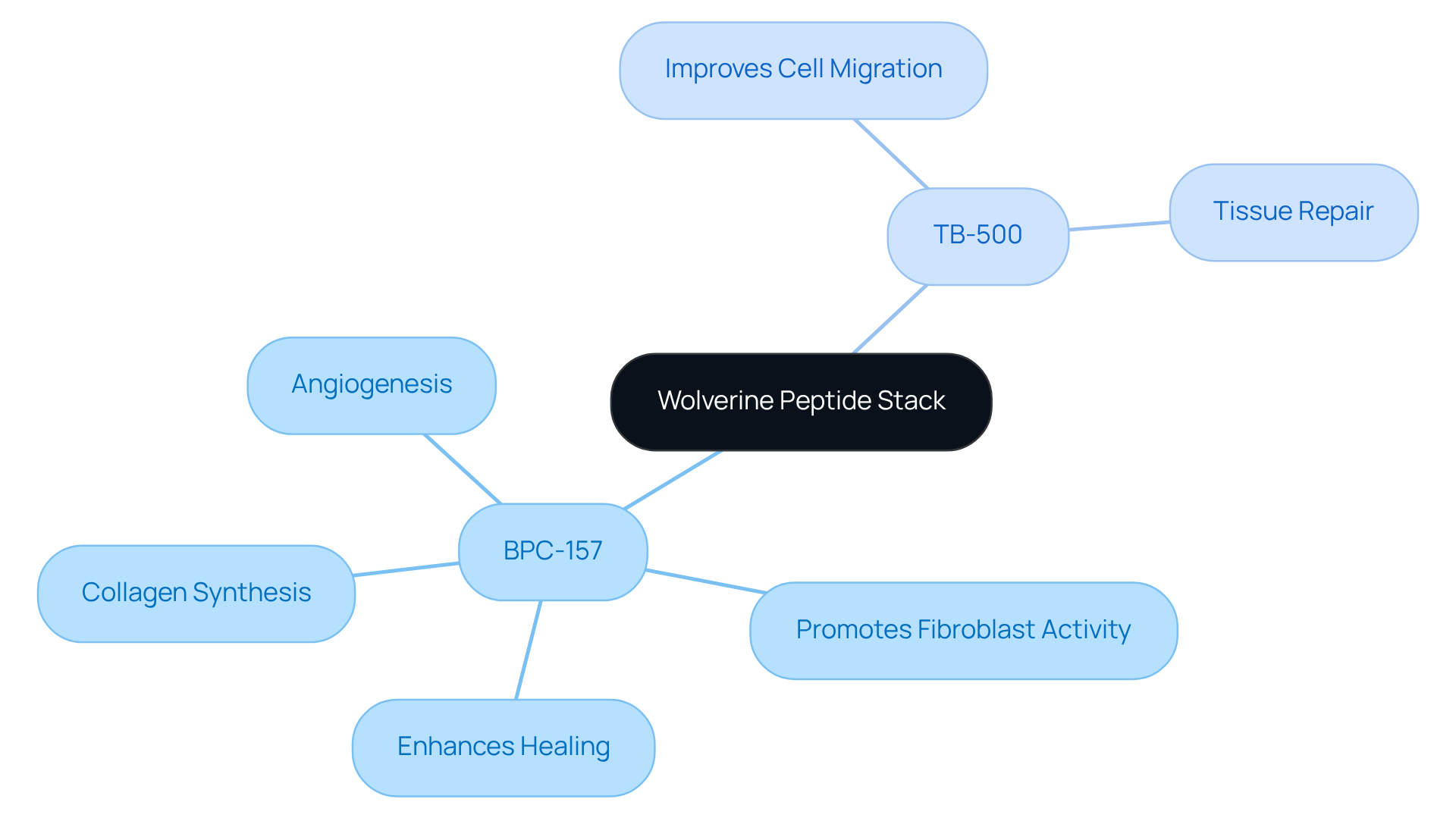 This mindmap illustrates the Wolverine Peptide Stack, starting with the main concept in the center. The branches show the two key compounds and their specific benefits, helping you understand how they work together to aid in healing and pain management.