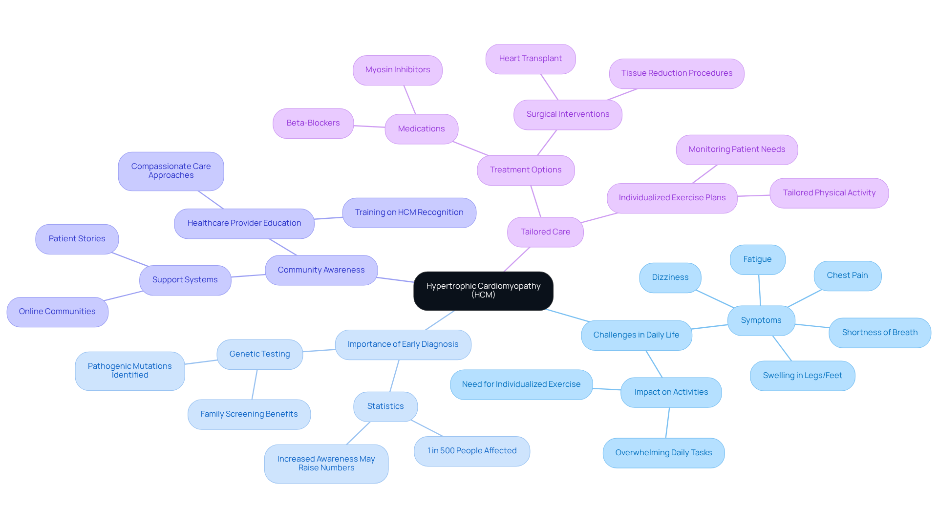 This mindmap starts with HCM at the center and branches out to show the main themes related to living with this condition. Each branch represents a key area of focus, helping you see how they connect and the importance of understanding HCM in our community. This mindmap starts with HCM at the center and branches out to show the main themes related to living with this condition. Each branch represents a key area of focus, helping you see how they connect and the importance of understanding HCM in our community.
