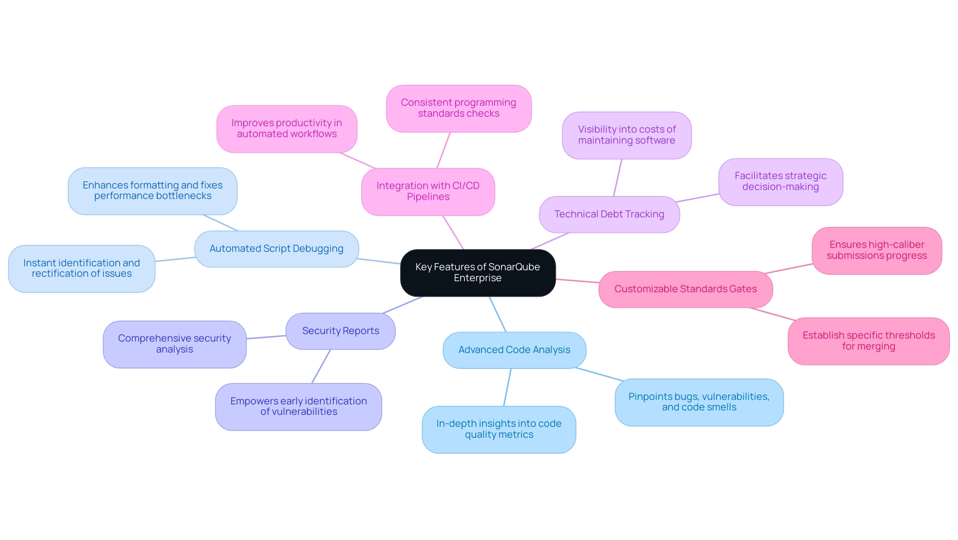 Each branch represents a feature of SonarQube Enterprise, with colors distinguishing each feature's category.