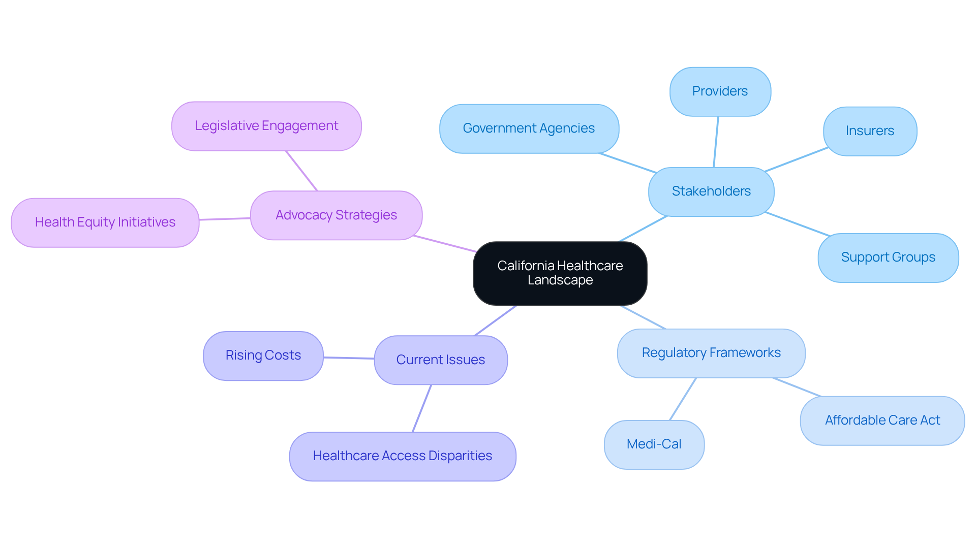 The central node represents the overall healthcare landscape, while the branches show different categories such as stakeholders, regulations, issues, and advocacy strategies. Each color-coded branch helps users quickly identify related topics and understand their connections. The central node represents the overall healthcare landscape, while the branches show different categories such as stakeholders, regulations, issues, and advocacy strategies. Each color-coded branch helps users quickly identify related topics and understand their connections.