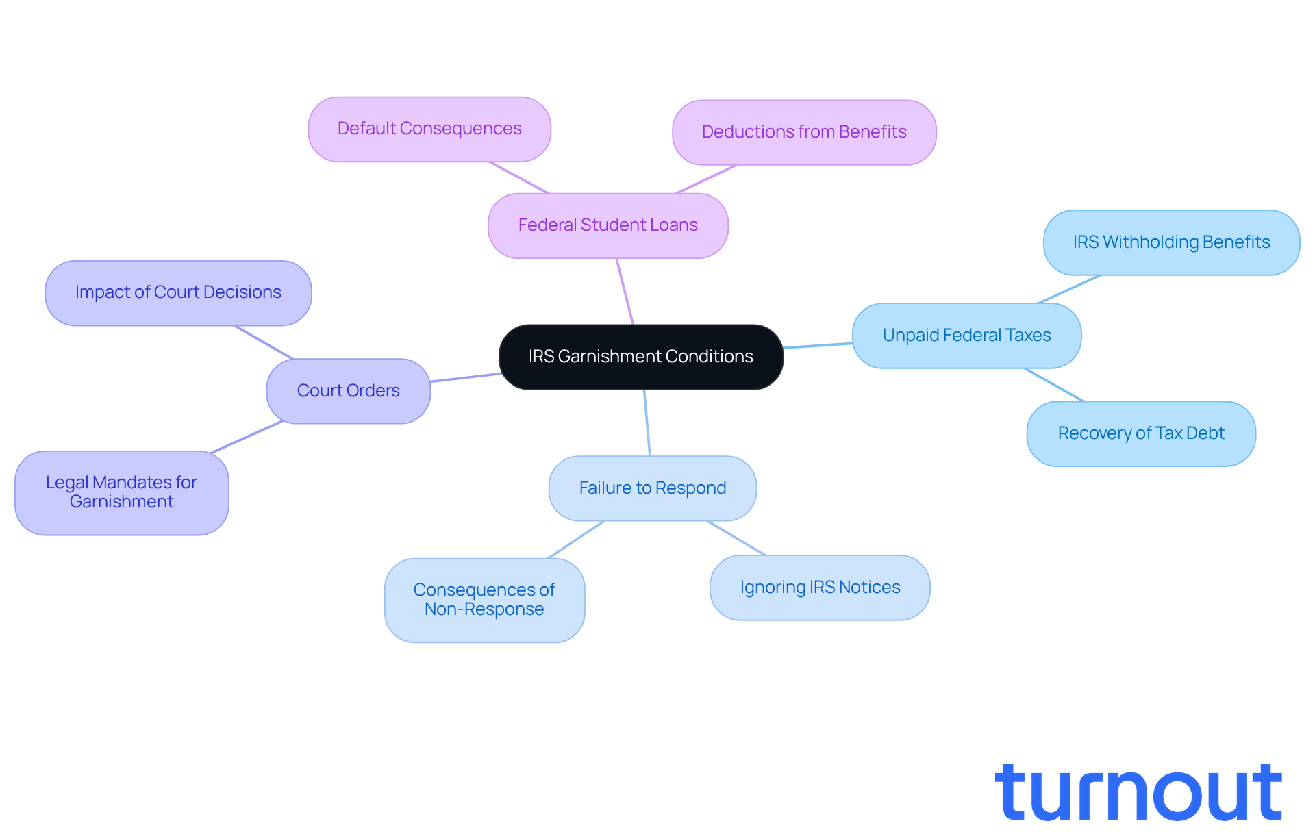 The central node represents the main topic, while each branch shows a specific condition that can lead to garnishment. Follow the branches to understand how each condition relates to the overall issue. The central node represents the main topic, while each branch shows a specific condition that can lead to garnishment. Follow the branches to understand how each condition relates to the overall issue.
