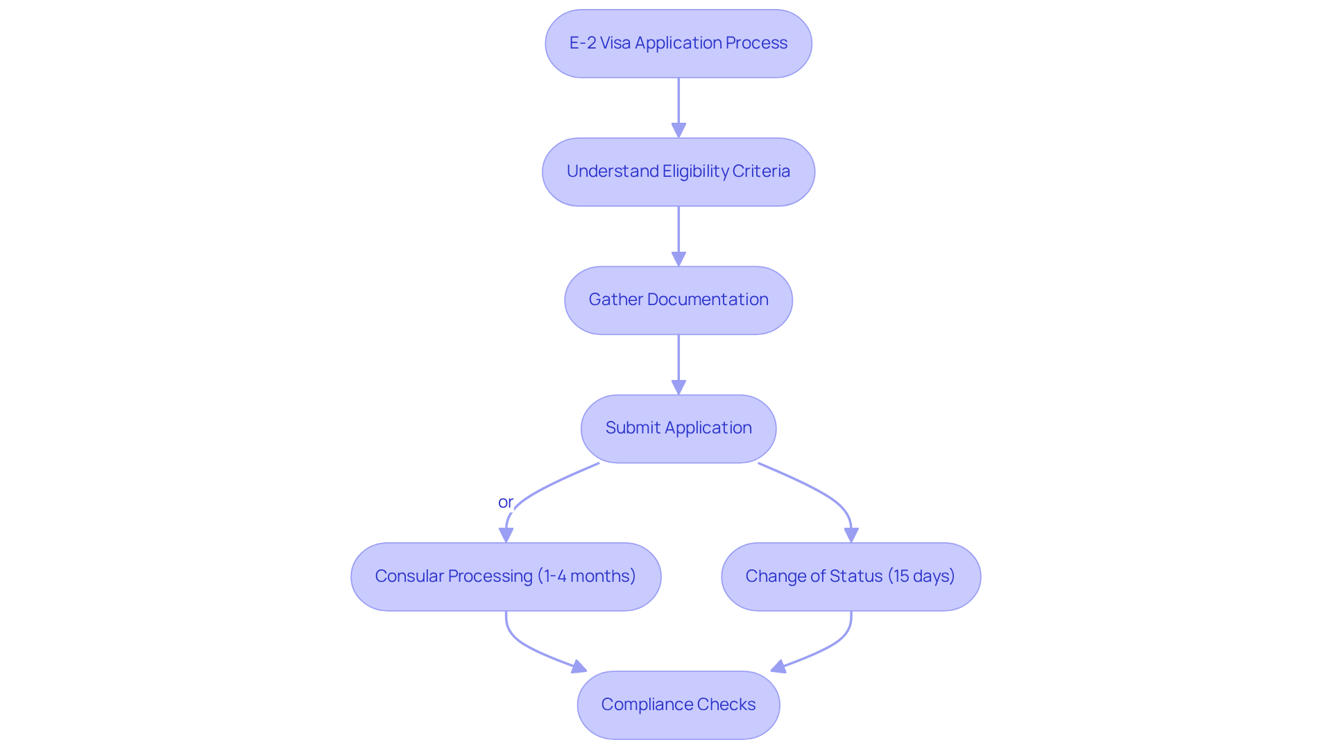 Follow the arrows to see each step in the E-2 visa application process. Each box represents a crucial action you need to take to ensure a successful application.