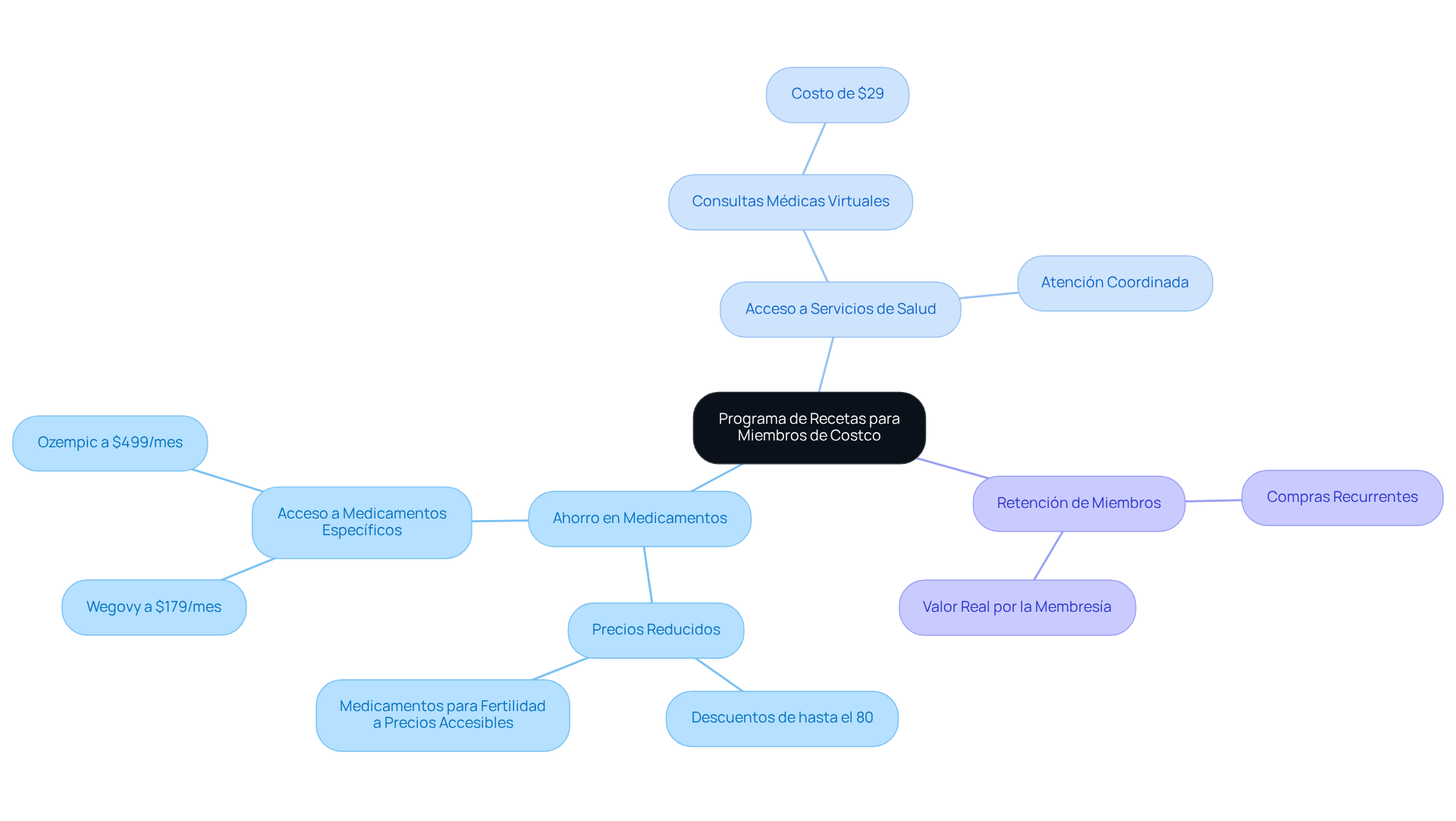 El nodo central muestra el programa, y las ramas representan los beneficios que obtienen los miembros. Cada rama principal se desglosa en detalles específicos, ayudando a visualizar cómo cada beneficio contribuye al valor de la membresía.