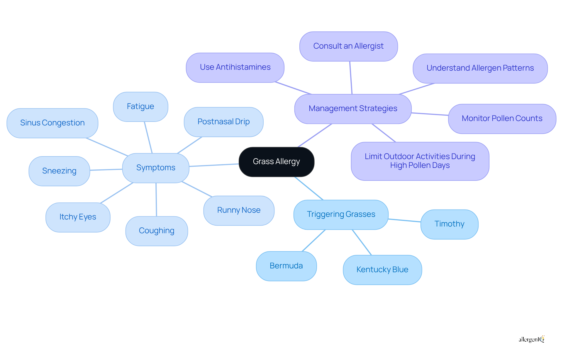The central node represents grass allergy, with branches showing the grasses that trigger it, the symptoms experienced, and strategies for managing the allergy. Each color-coded branch helps you see how everything connects.