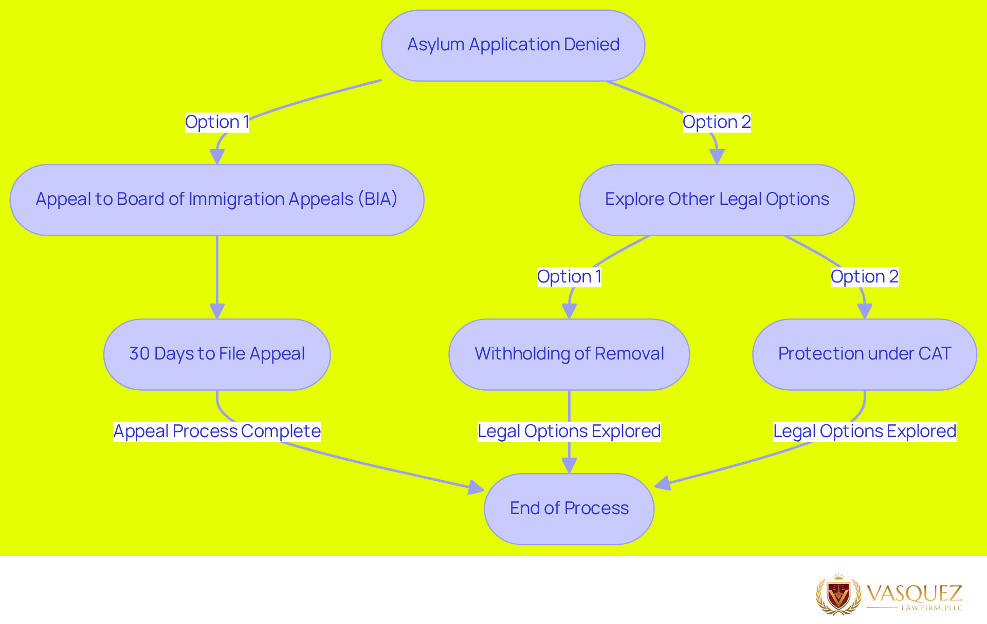 This flowchart shows what happens after an asylum application is denied. Start at the top with the denial, then follow the arrows to see your options: you can appeal the decision or look into other legal protections. Each step is designed to help you understand your choices and the timeline involved.