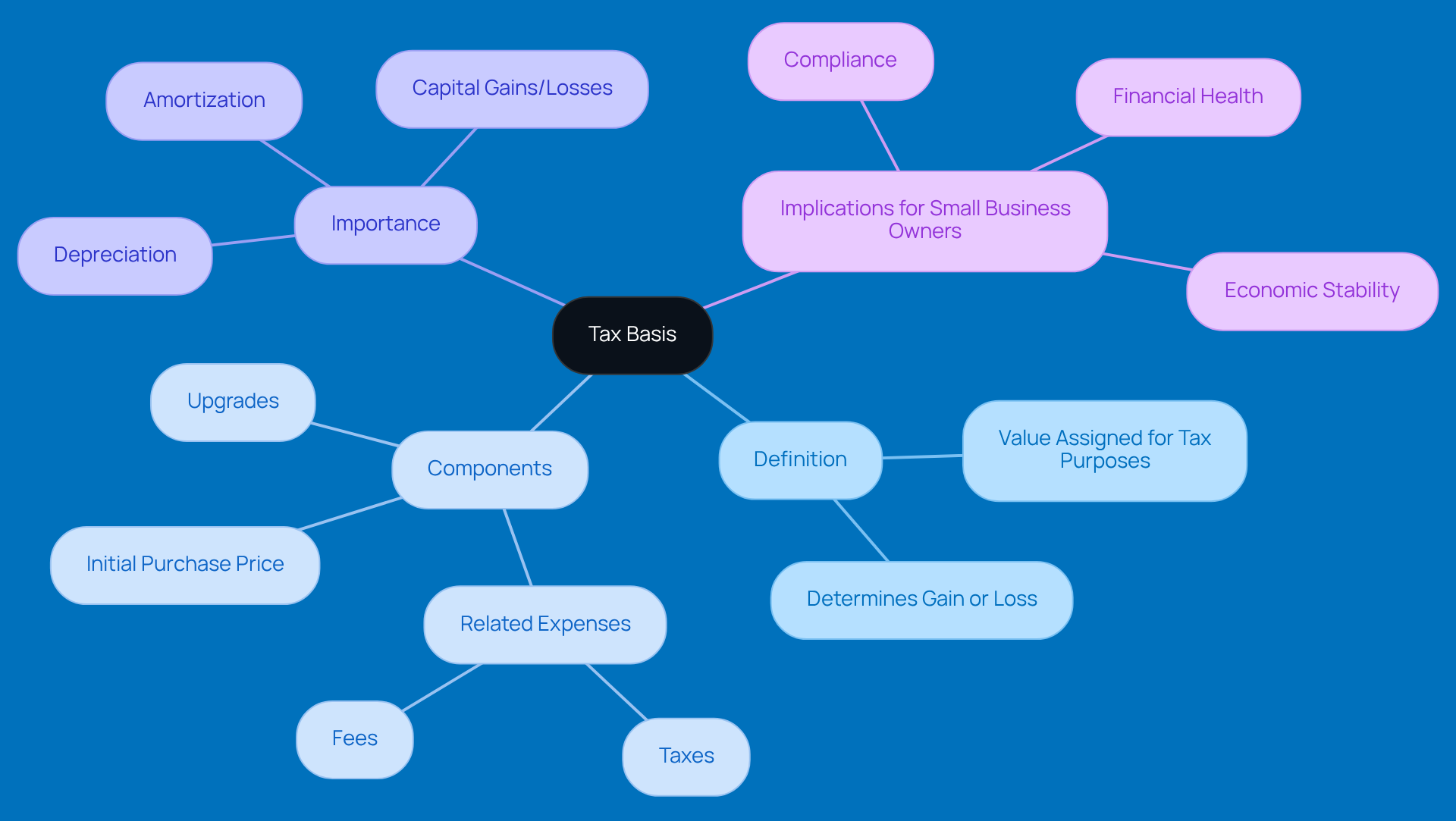 This mindmap starts with the core concept of tax basis at the center. Each branch represents a related topic, helping you see how they connect and why they matter for your financial decisions.