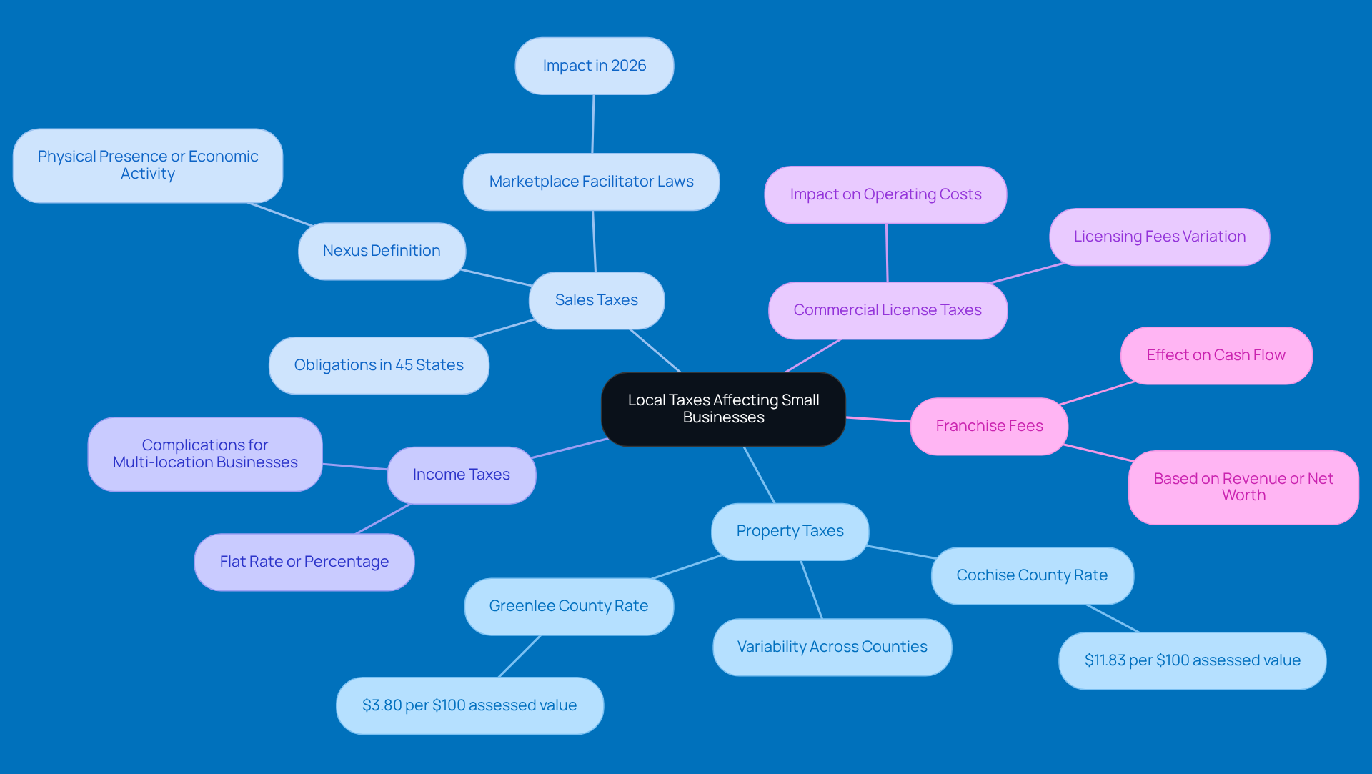 The center represents the main topic of local taxes, and each branch shows a different type of tax. Follow the branches to learn about each tax type and its specific details that can impact your business.
