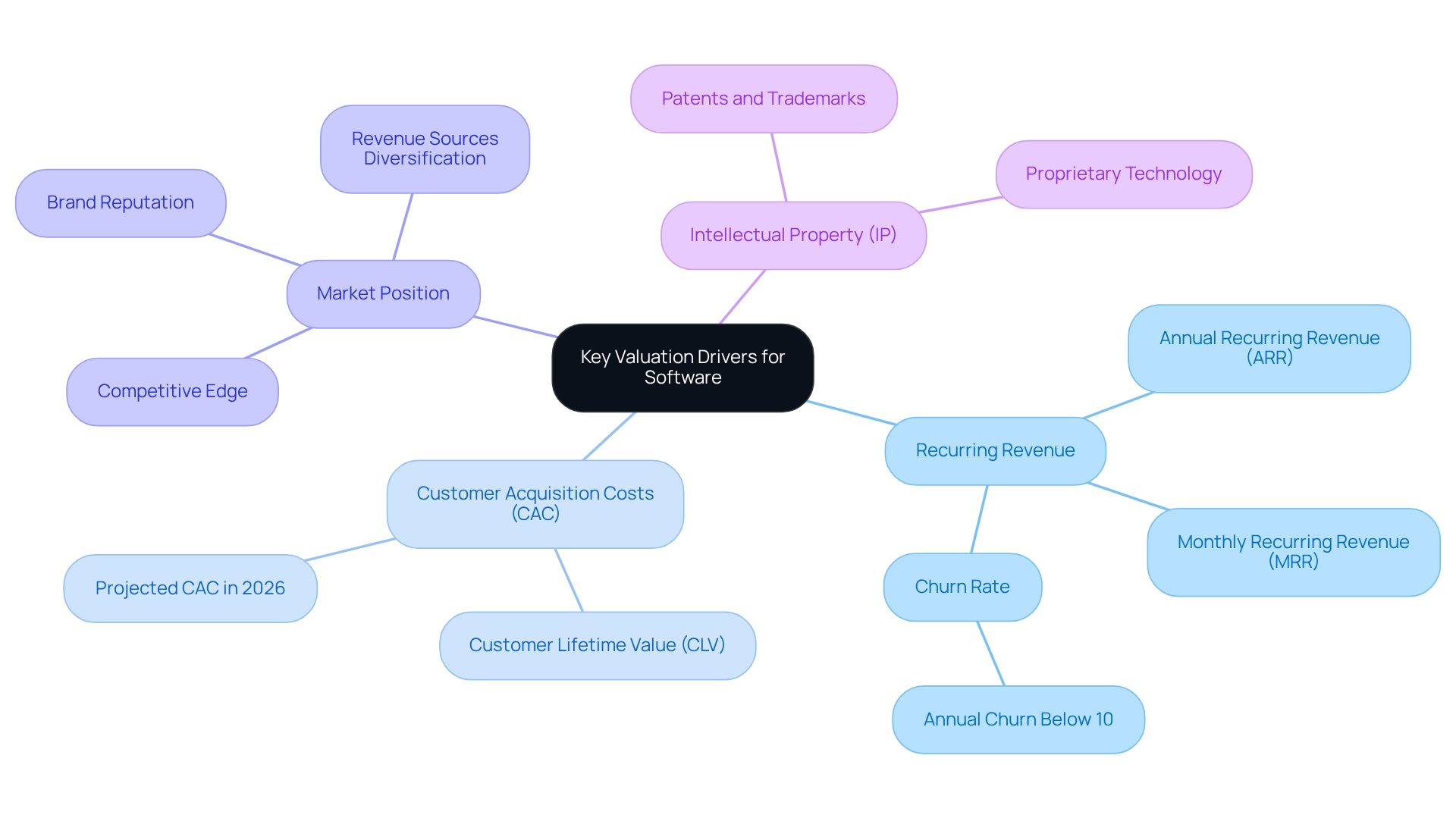 The central node represents the main theme of valuation drivers. Each branch shows a different factor that influences a software company's worth. Follow the branches to explore how each driver contributes to the overall valuation. The central node represents the main theme of valuation drivers. Each branch shows a different factor that influences a software company's worth. Follow the branches to explore how each driver contributes to the overall valuation.