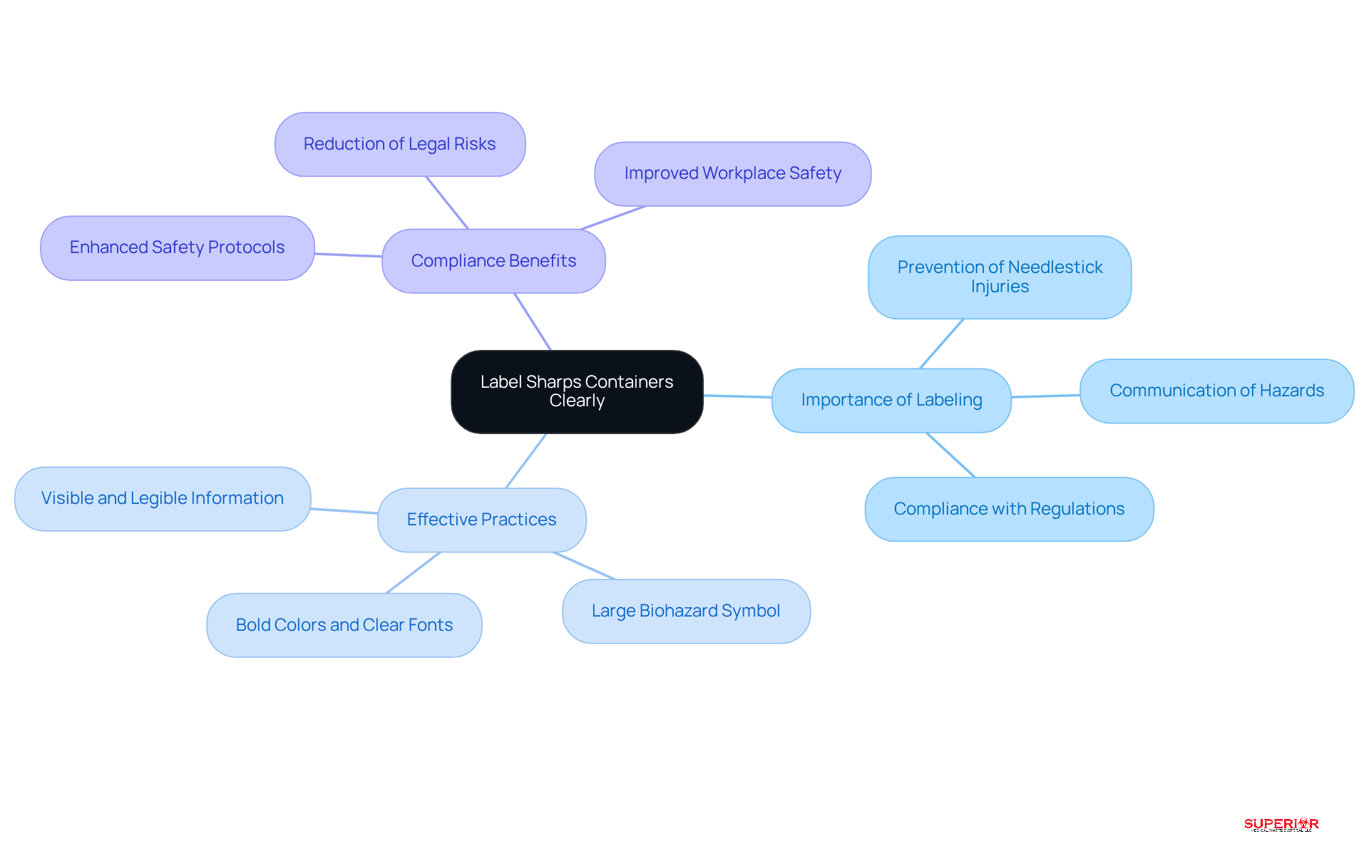 The center shows the main topic of labeling sharps containers. Follow the branches to explore why it's important, what effective practices to use, and how it helps with compliance and safety.