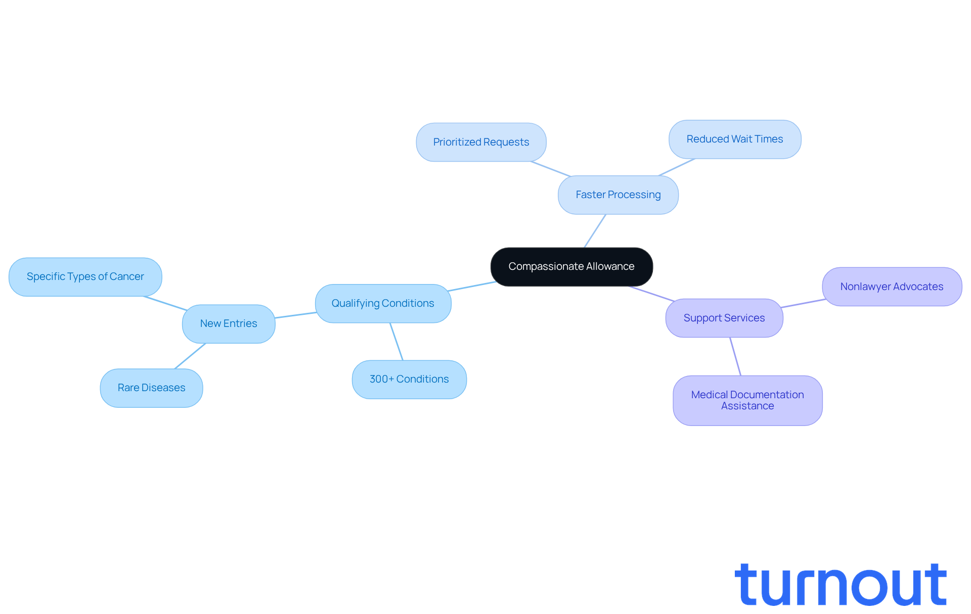 The center represents the Compassionate Allowance, and the branches show important aspects like qualifying conditions and support available. Follow the branches to understand how each part connects to the main topic.