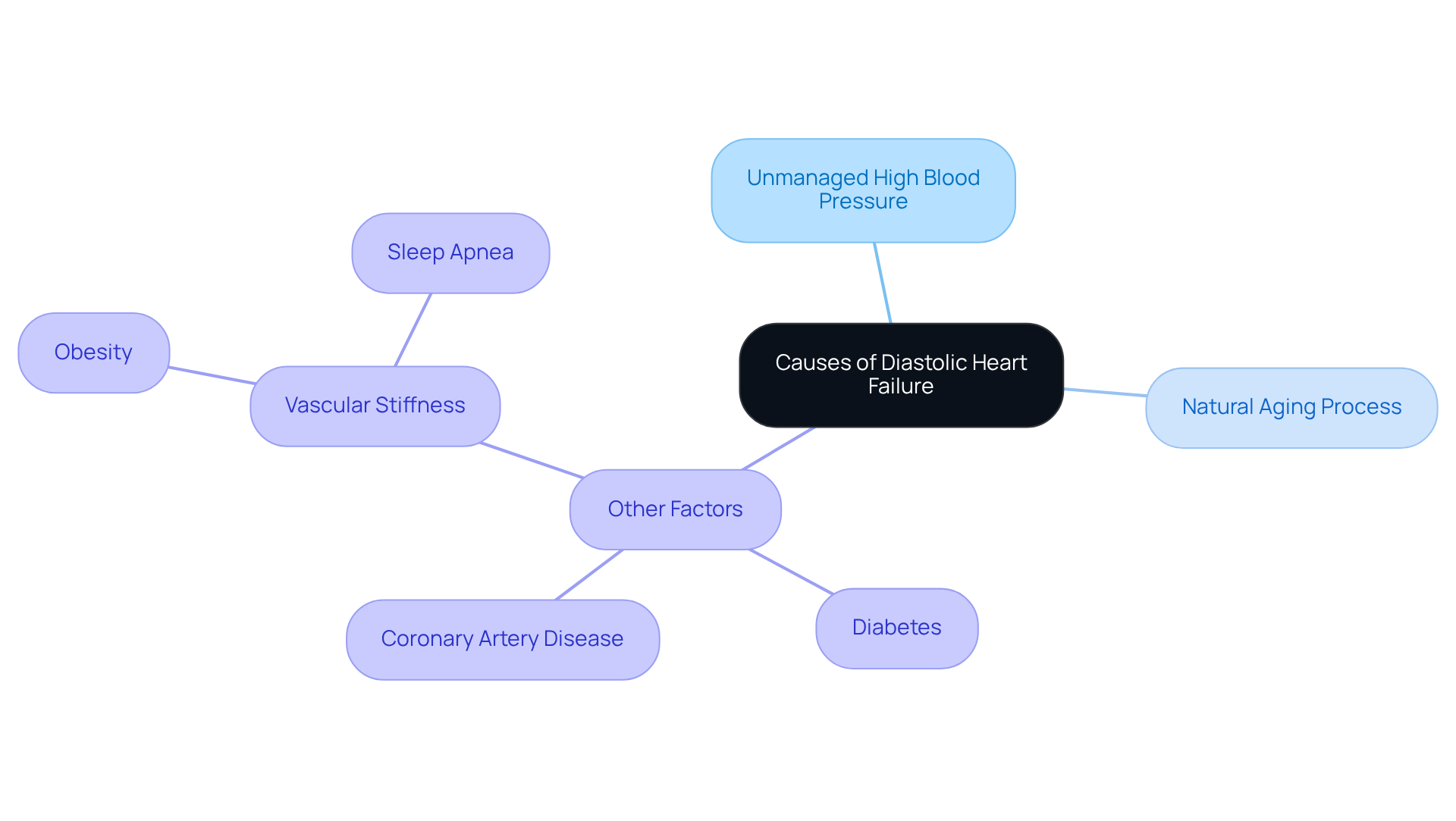 The central node represents the main topic, while the branches show various causes. Each color-coded branch helps you quickly identify different categories of factors contributing to diastolic heart failure.