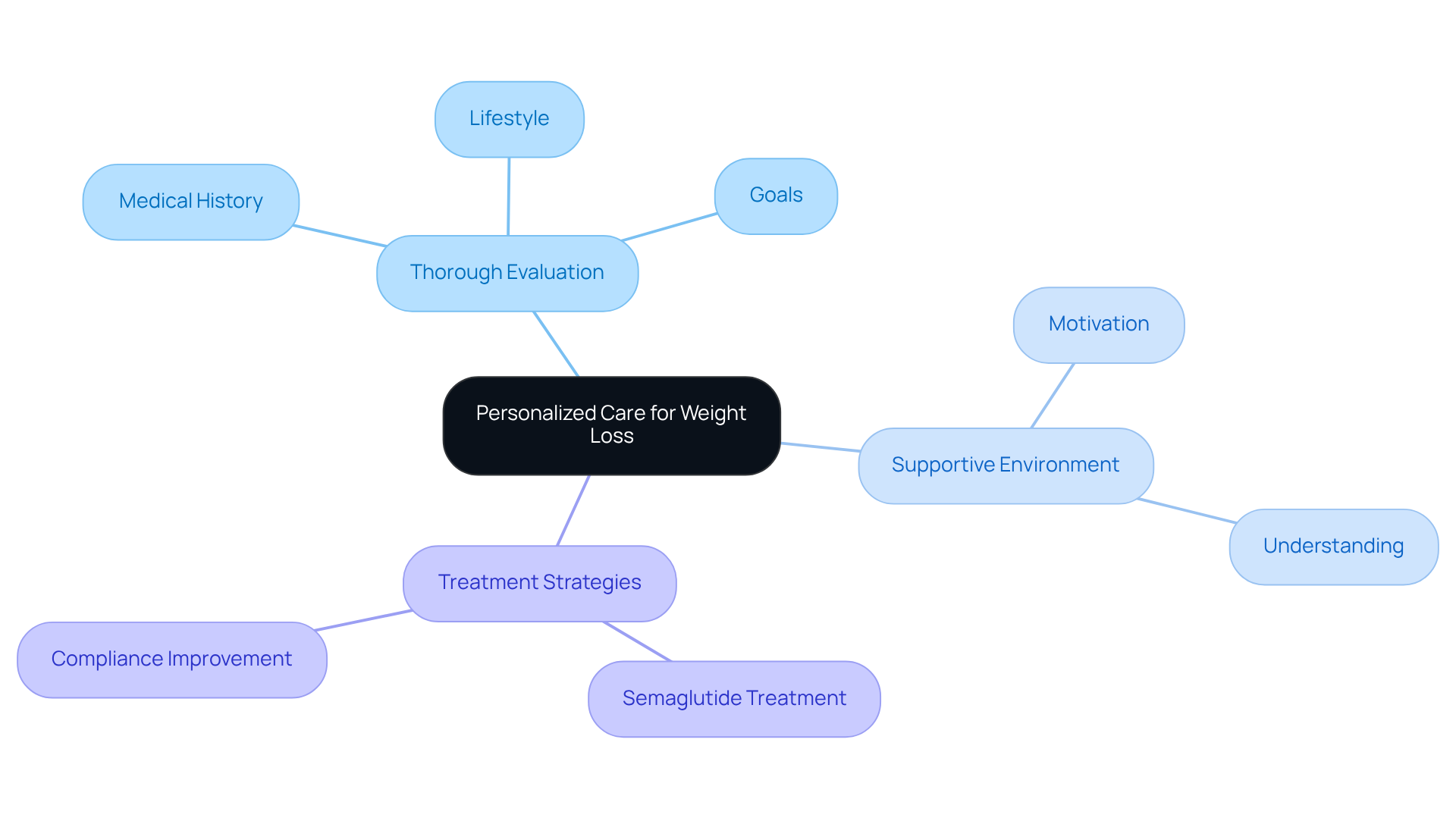 The center represents the core idea of personalized care, with branches showing how evaluation, support, and treatment strategies work together to enhance weight loss success.