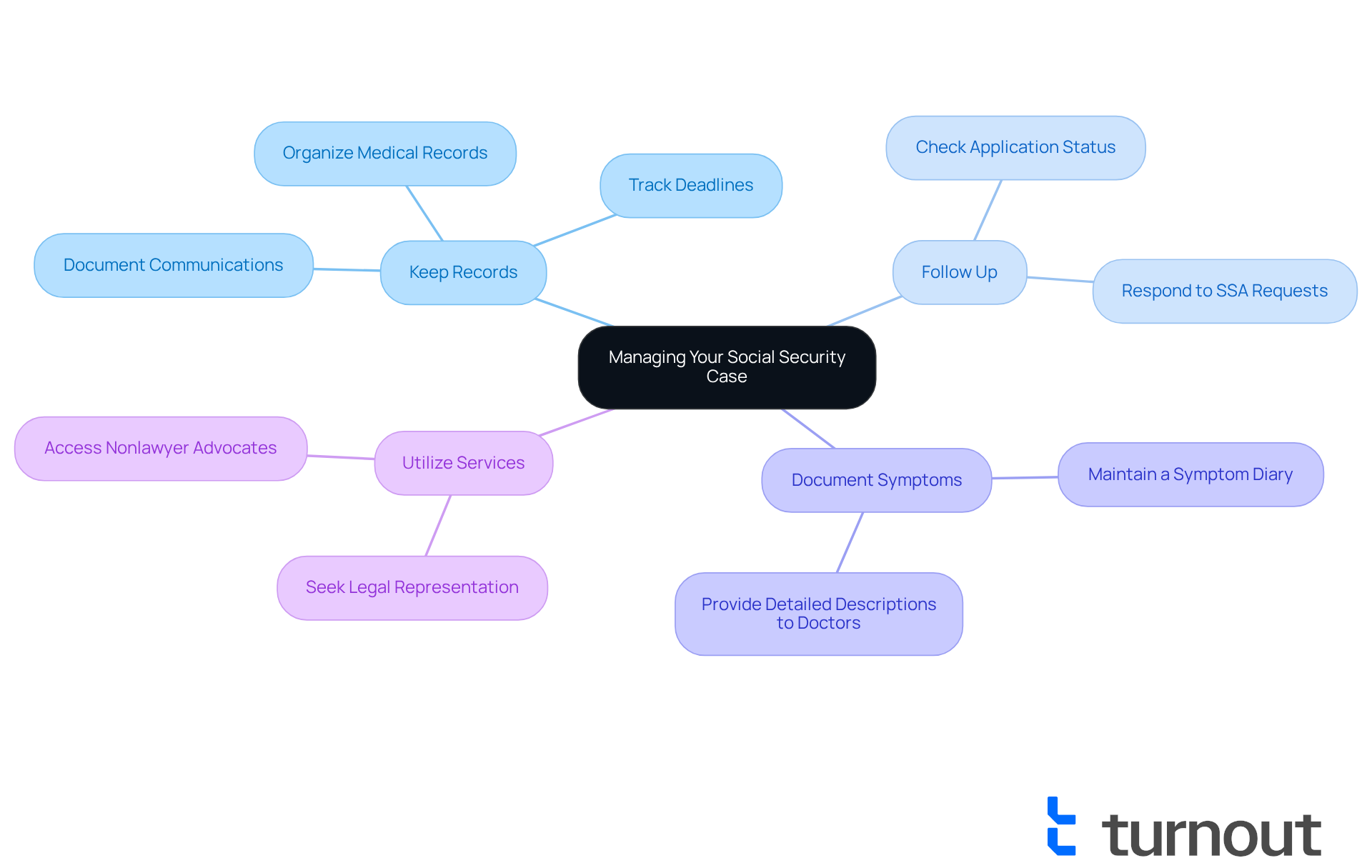 The center shows the main goal of managing your case, and each branch represents a different strategy. Follow the branches to see specific actions you can take to improve your chances of a successful outcome.