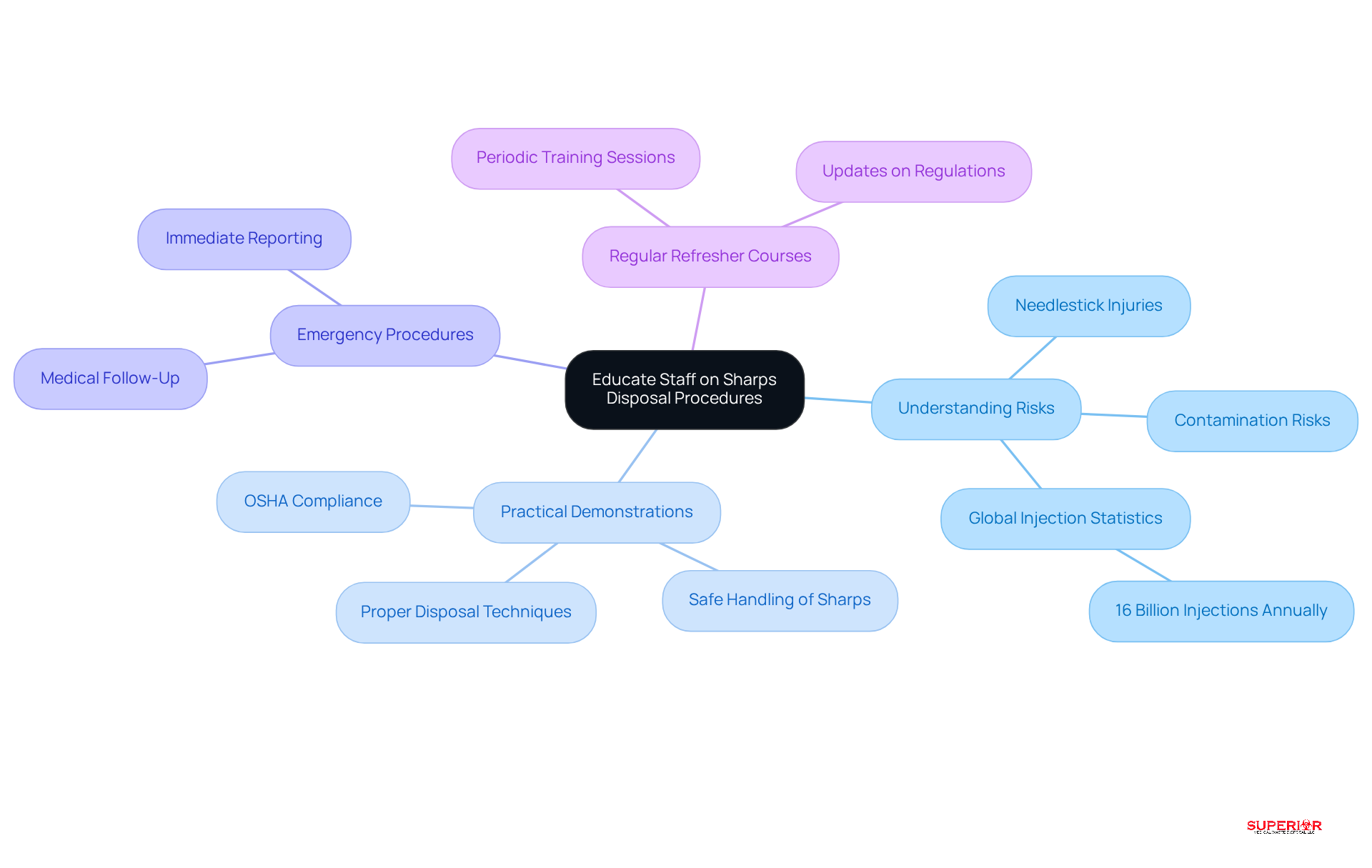 The central node represents the main topic, while the branches show the essential components of the training program. Each branch highlights a key area of focus, helping staff understand the comprehensive approach to safe sharps disposal.