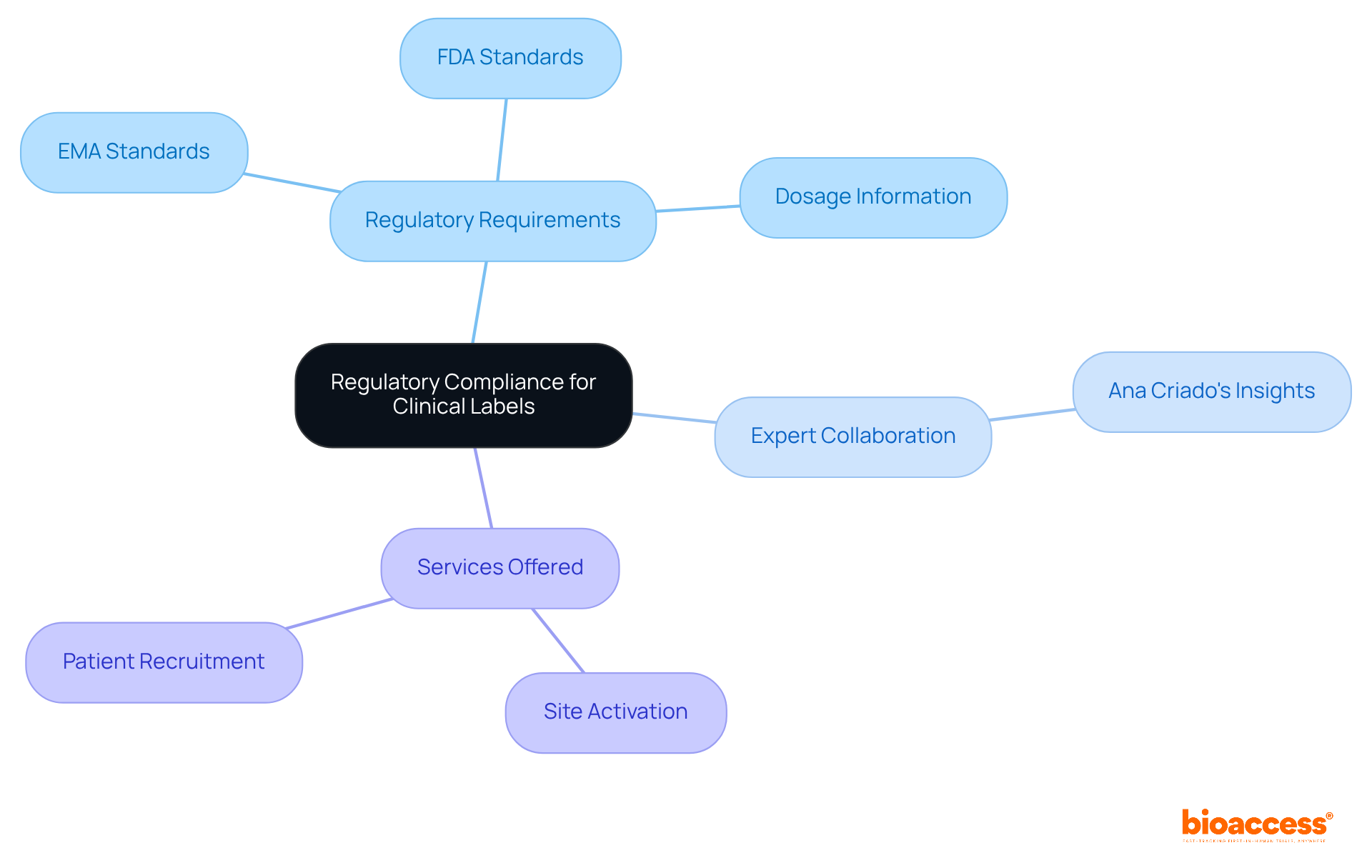 The central node represents the main focus on regulatory compliance, while the branches show key areas that contribute to achieving this goal. Each color-coded branch helps you easily identify different aspects of compliance.