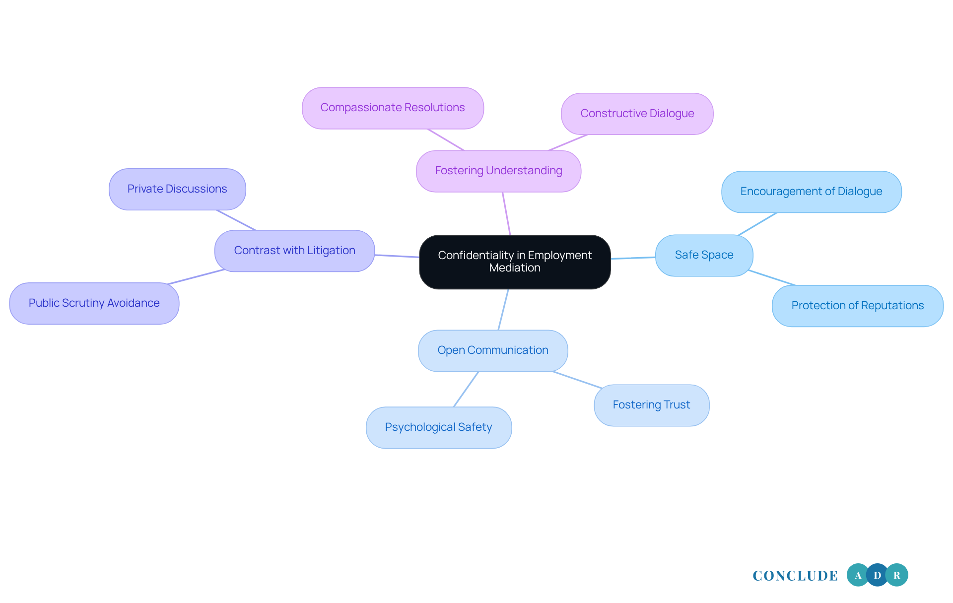 The central node represents the importance of confidentiality, while the branches show how it impacts communication, contrasts with litigation, and promotes a nurturing environment for conflict resolution.