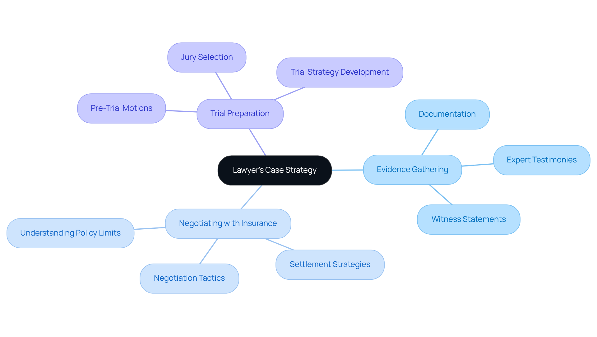 The center represents the overall strategy, while the branches show the key components that contribute to it. Each branch can be explored for more details on how lawyers approach these critical areas.