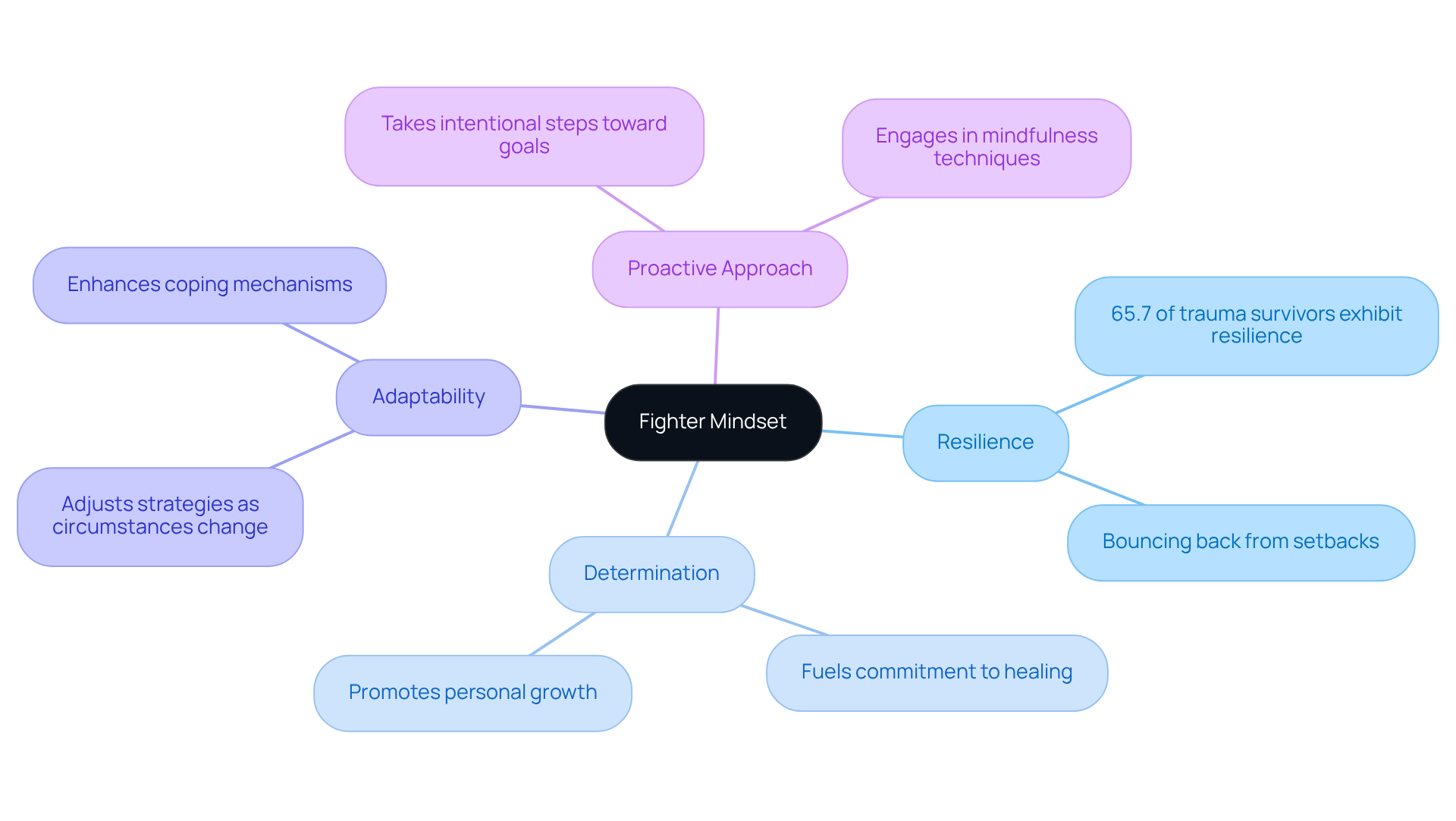 The center represents the fighter mindset, while the branches show the key traits that define it. Each trait is connected to its importance and impact, helping you see how they work together to foster resilience and personal growth.