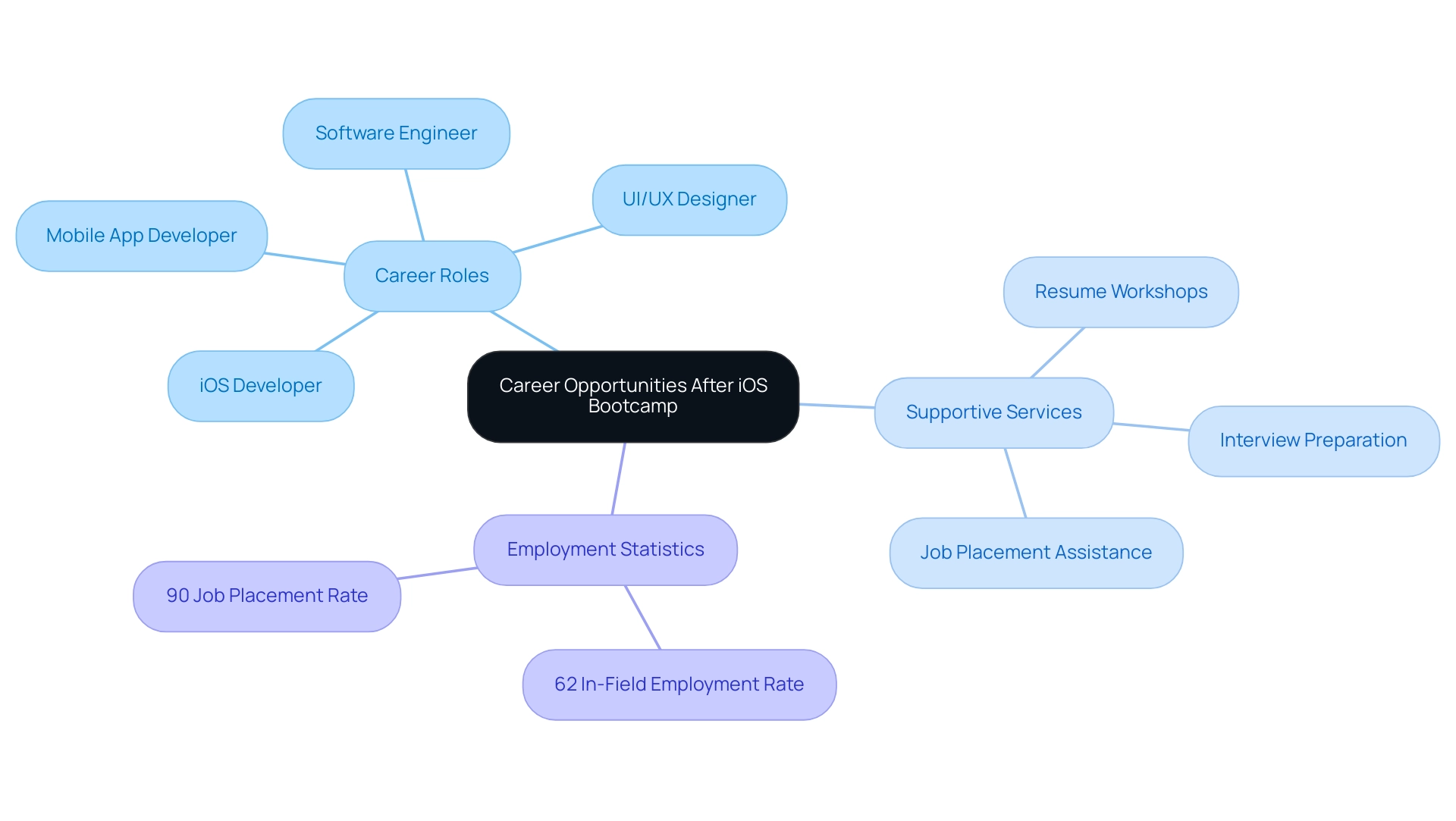 The central node represents the overall theme, with branches showing career roles, supportive services, and employment statistics.