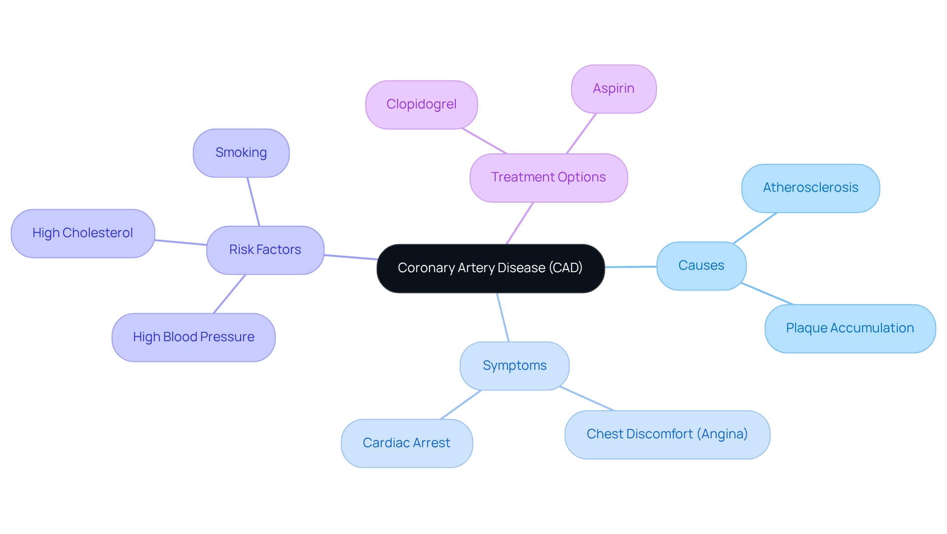 At the center, you'll find CAD, surrounded by its key aspects like causes and risk factors. Each branch leads to important details, helping you see the bigger picture of this condition. At the center, you'll find CAD, surrounded by its key aspects like causes and risk factors. Each branch leads to important details, helping you see the bigger picture of this condition.
