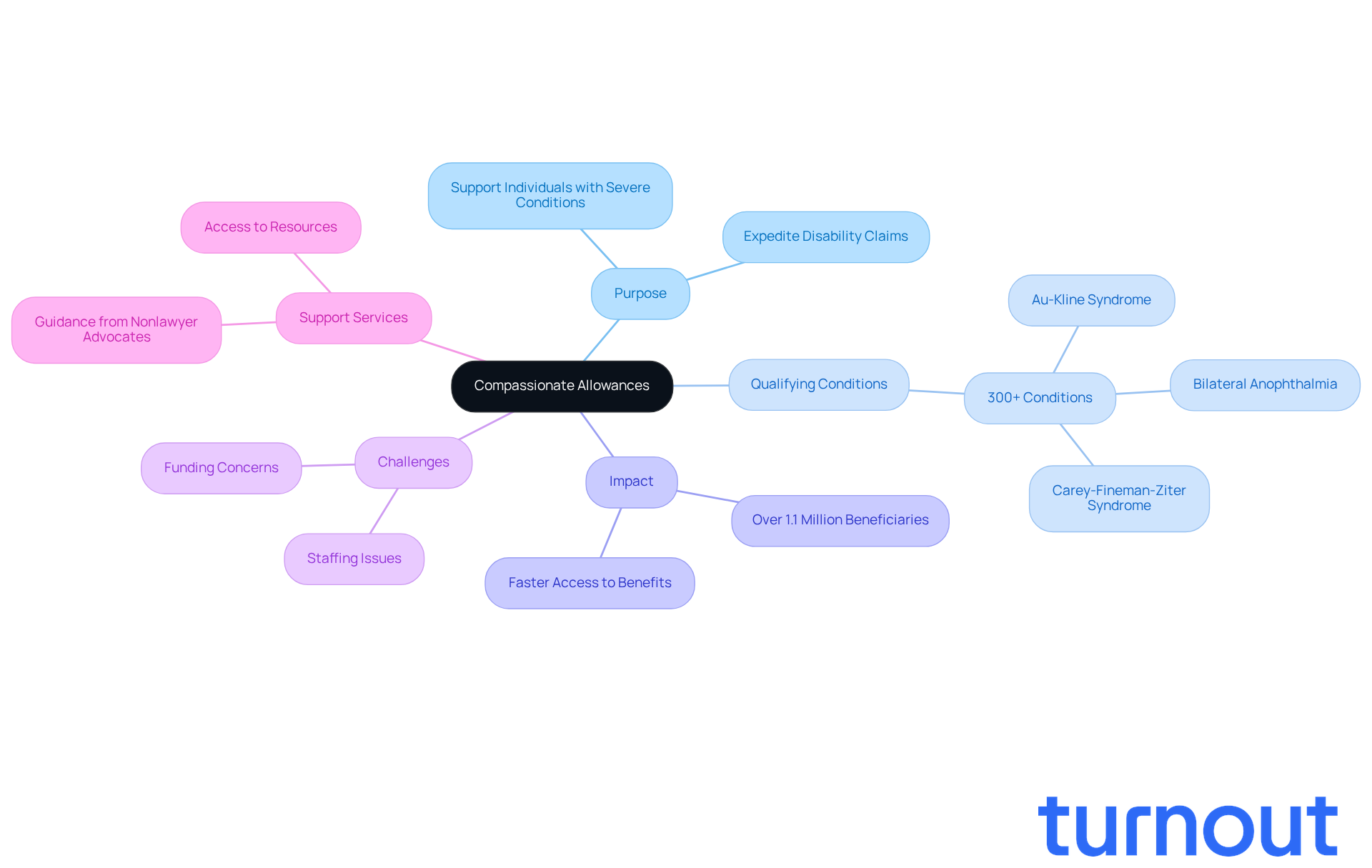 The center represents the Compassionate Allowances program, with branches showing its purpose, the conditions it covers, its impact on individuals, challenges faced, and the support available to applicants. The center represents the Compassionate Allowances program, with branches showing its purpose, the conditions it covers, its impact on individuals, challenges faced, and the support available to applicants.