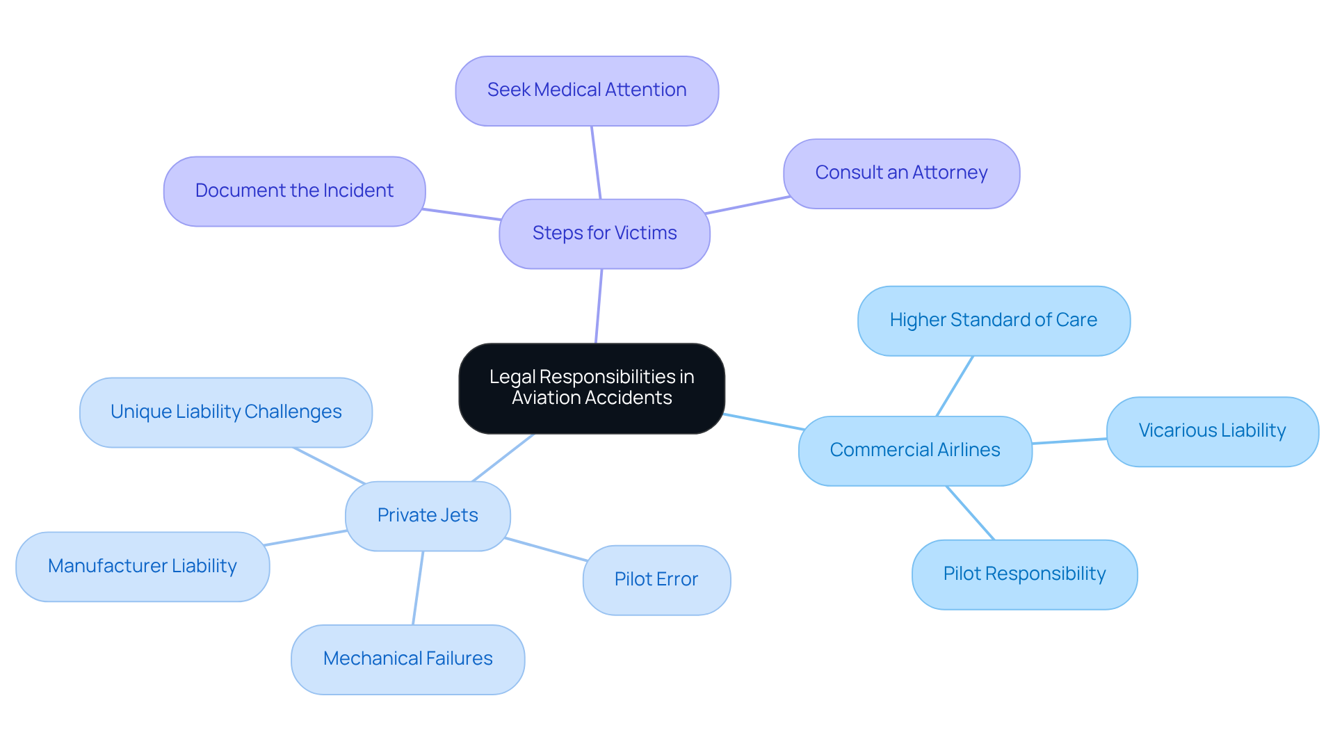 The central node represents the overall topic, while the branches show different aspects of legal responsibilities for commercial airlines and private jets. The steps for victims are also included to guide them through the process after an incident.