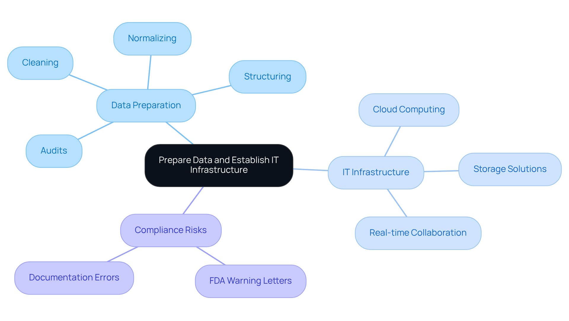 This mindmap starts with the main topic in the center and branches out to show important areas related to preparing data and building IT infrastructure. Each branch represents a key component, and the sub-branches provide more detail on specific actions or considerations.
