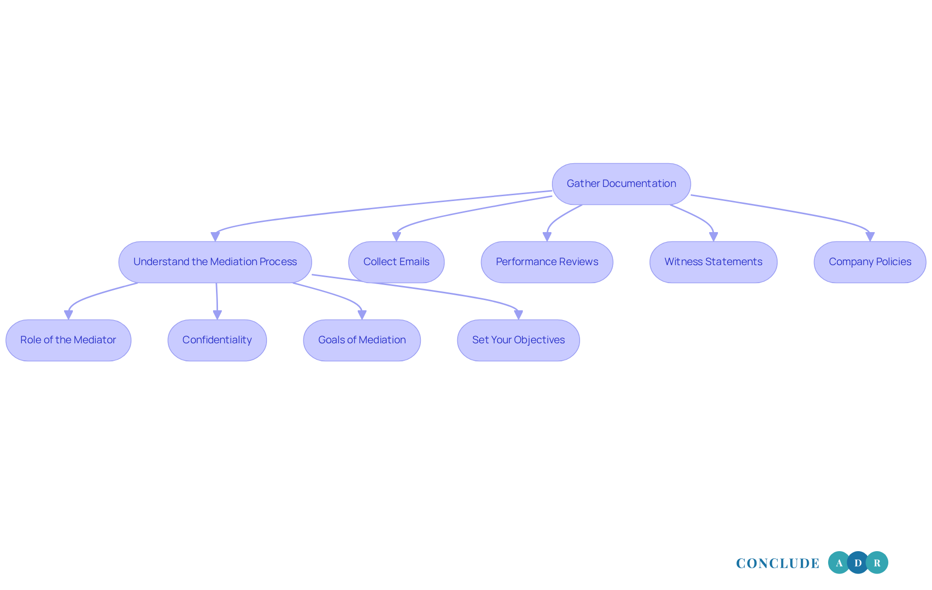 Follow the arrows to see the steps you need to take to prepare for mediation. Each box represents a key action, and the sub-points give you details on what to focus on.
