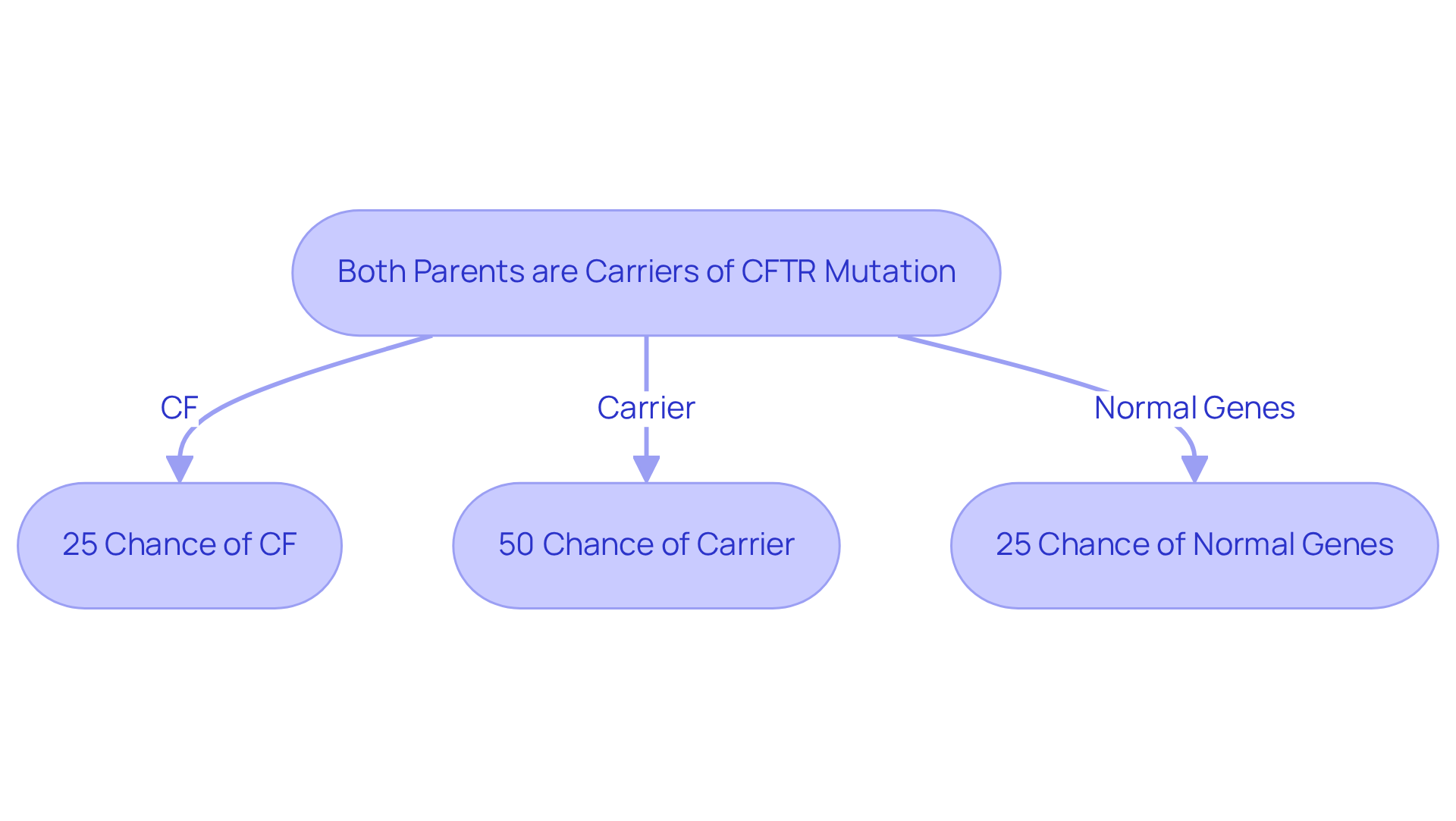 This flowchart shows the chances of a child inheriting cystic fibrosis based on their parents' genetic status. Follow the arrows to see the possible outcomes: a child can inherit the condition, be a carrier, or have normal genes.