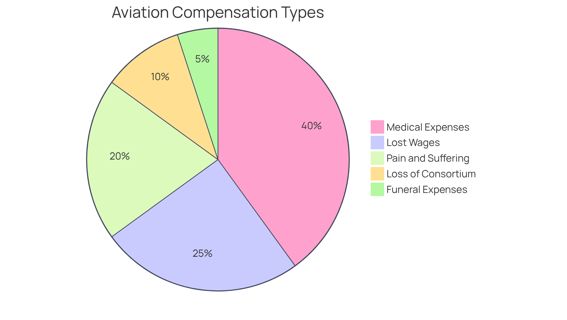 Each slice of the pie shows a different type of compensation available to victims. The size of each slice indicates how common or significant that type of compensation is in helping victims recover after an aviation accident. Each slice of the pie shows a different type of compensation available to victims. The size of each slice indicates how common or significant that type of compensation is in helping victims recover after an aviation accident.