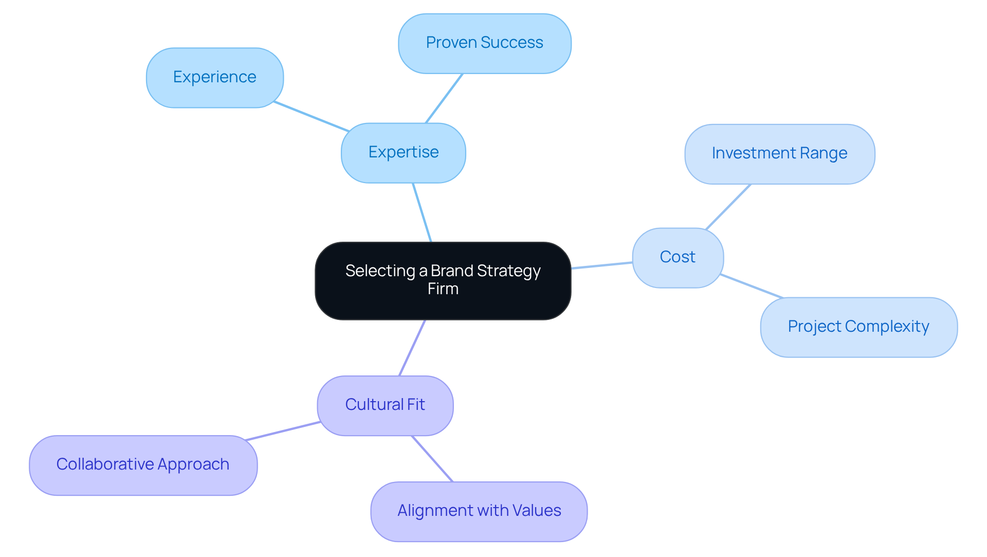 The central node represents the main decision point, while the branches show the critical factors to consider. Each sub-branch provides more detail about what to look for within each factor.