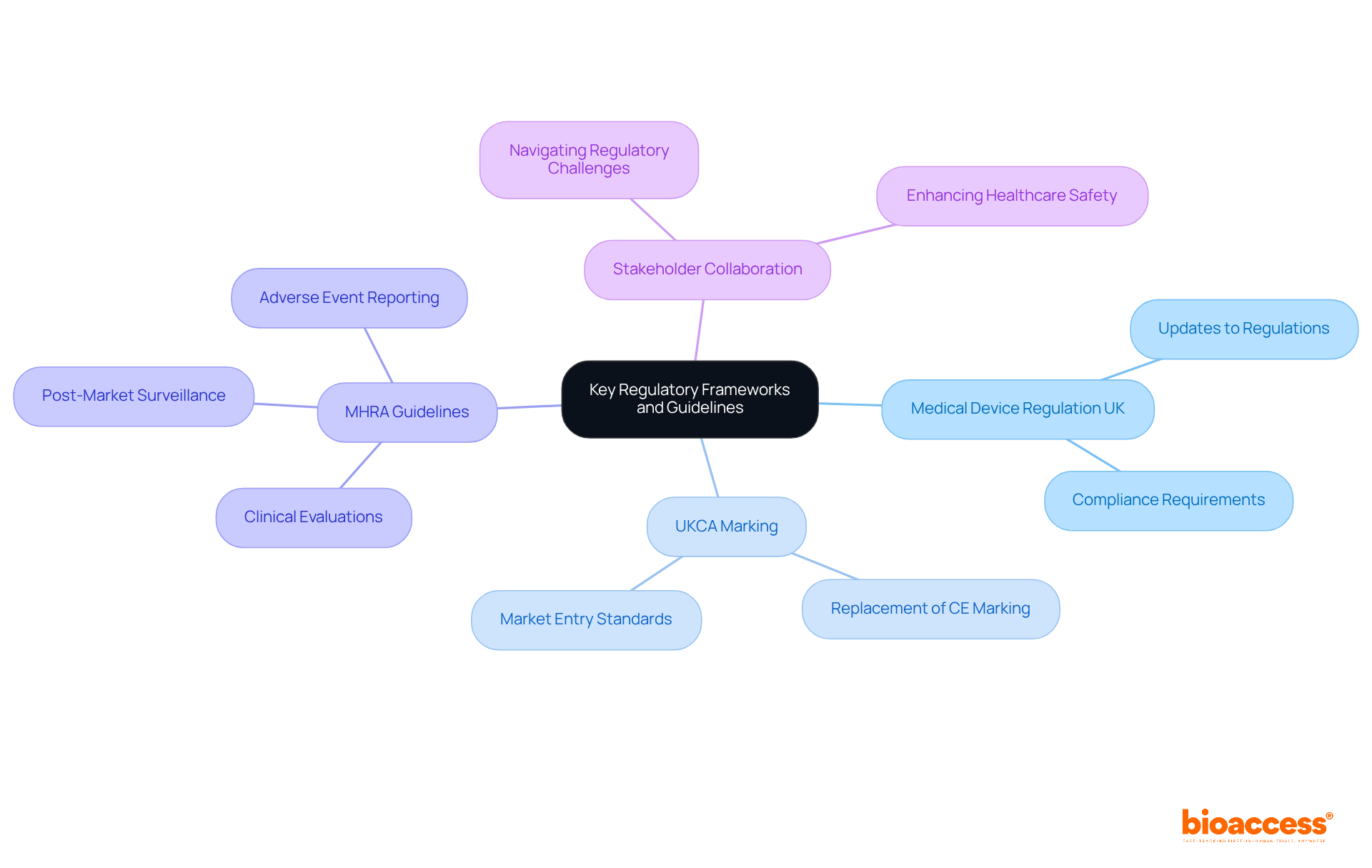 The central node represents the main topic, while the branches show different aspects of the regulatory frameworks. Each color-coded branch helps you see how various guidelines and regulations connect to the overall theme.
