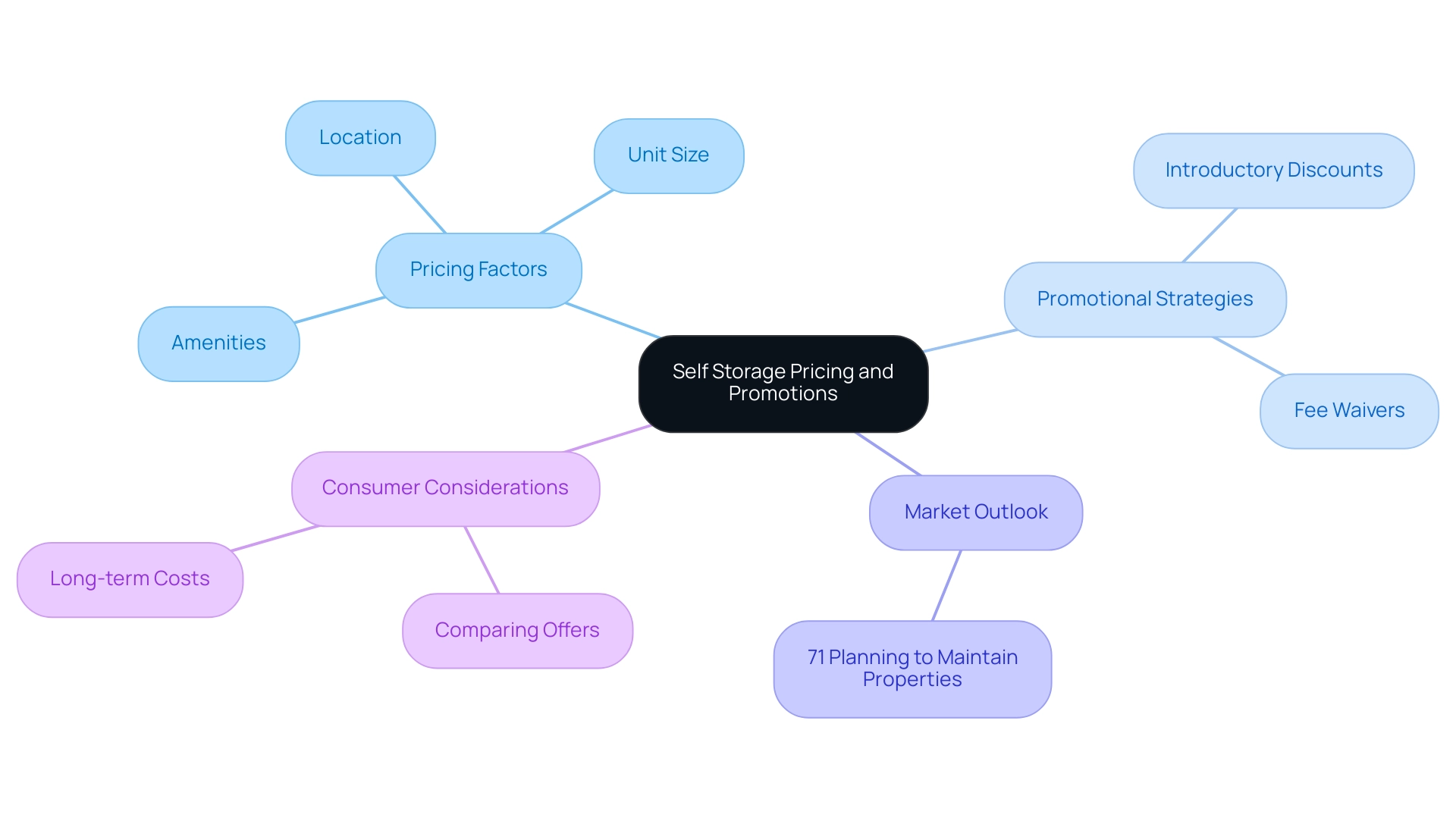 The central node represents the overall topic, with branches showing factors affecting pricing and promotions, along with consumer considerations.