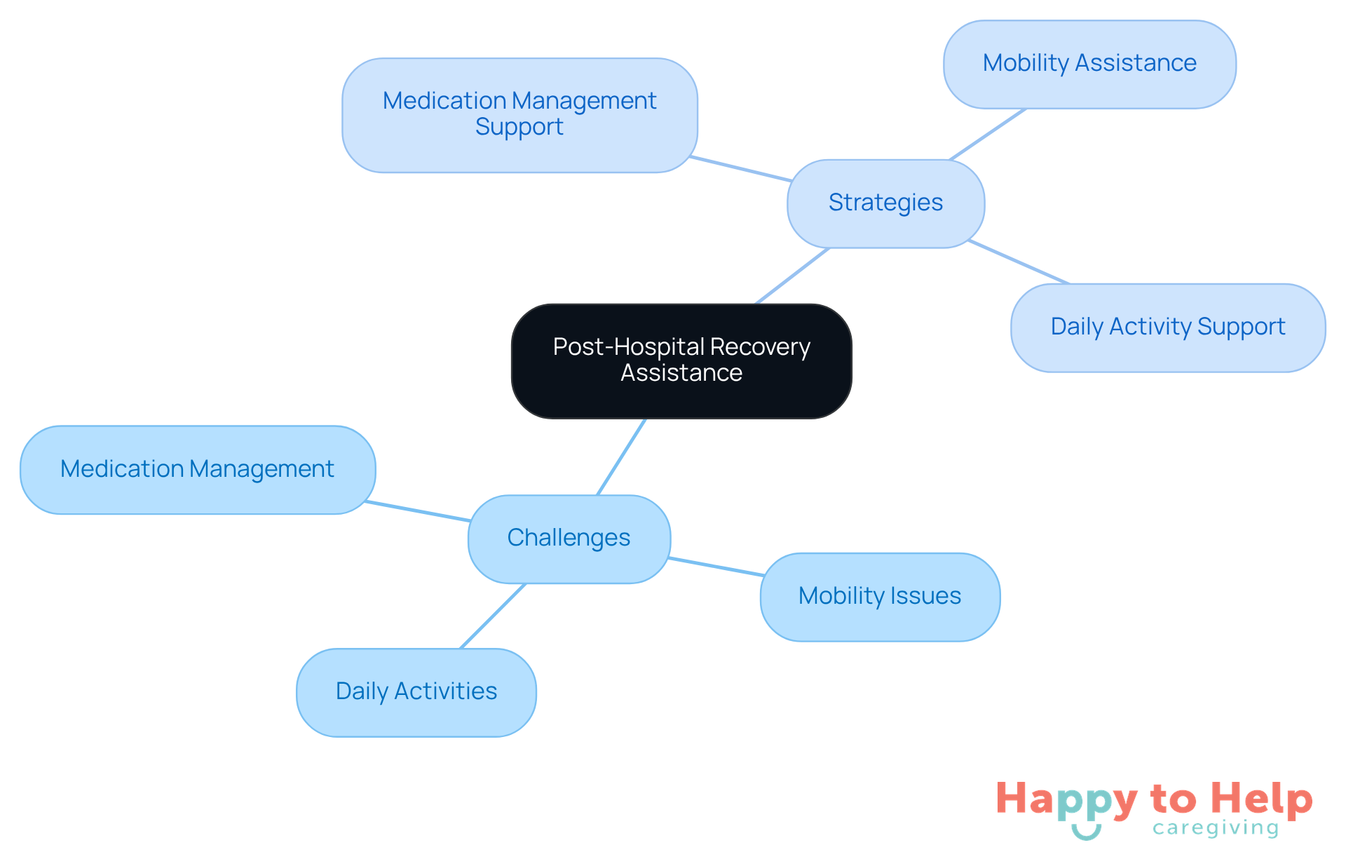 The center represents the main topic, while the branches show the challenges seniors face and the strategies caregivers can use to help. Each color-coded section makes it easy to see how everything connects.