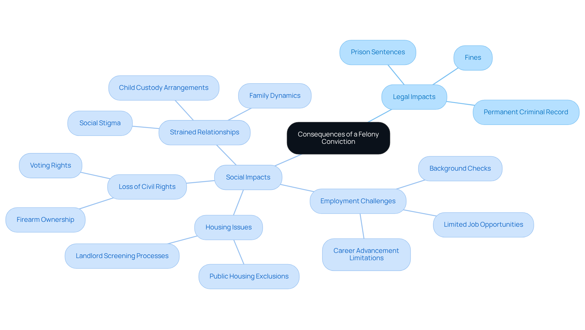 The central node represents the overall topic, while the branches show the different legal and social consequences. Each sub-branch provides specific examples or statistics related to that category. The central node represents the overall topic, while the branches show the different legal and social consequences. Each sub-branch provides specific examples or statistics related to that category.
