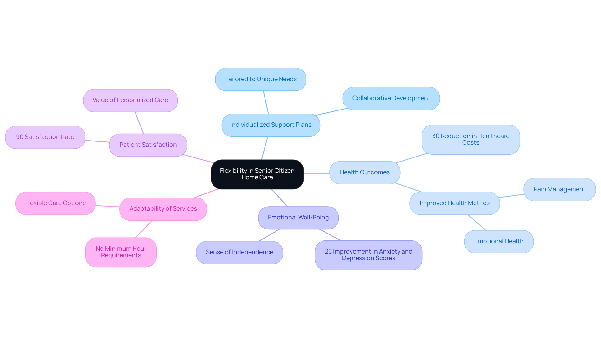 The center represents the main theme of flexibility in care. Each branch shows a related topic, illustrating how adaptability can enhance individual care for seniors. The sub-nodes provide specific details and statistics that support each main idea.