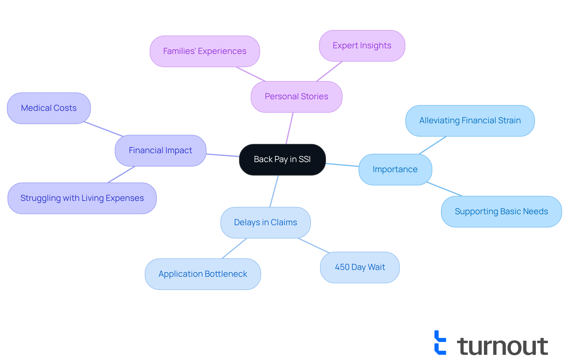 Start in the center with the main idea of back pay, then explore the various themes connected to it. Each branch shows a different aspect of why back pay matters for those with disabilities. Start in the center with the main idea of back pay, then explore the various themes connected to it. Each branch shows a different aspect of why back pay matters for those with disabilities.