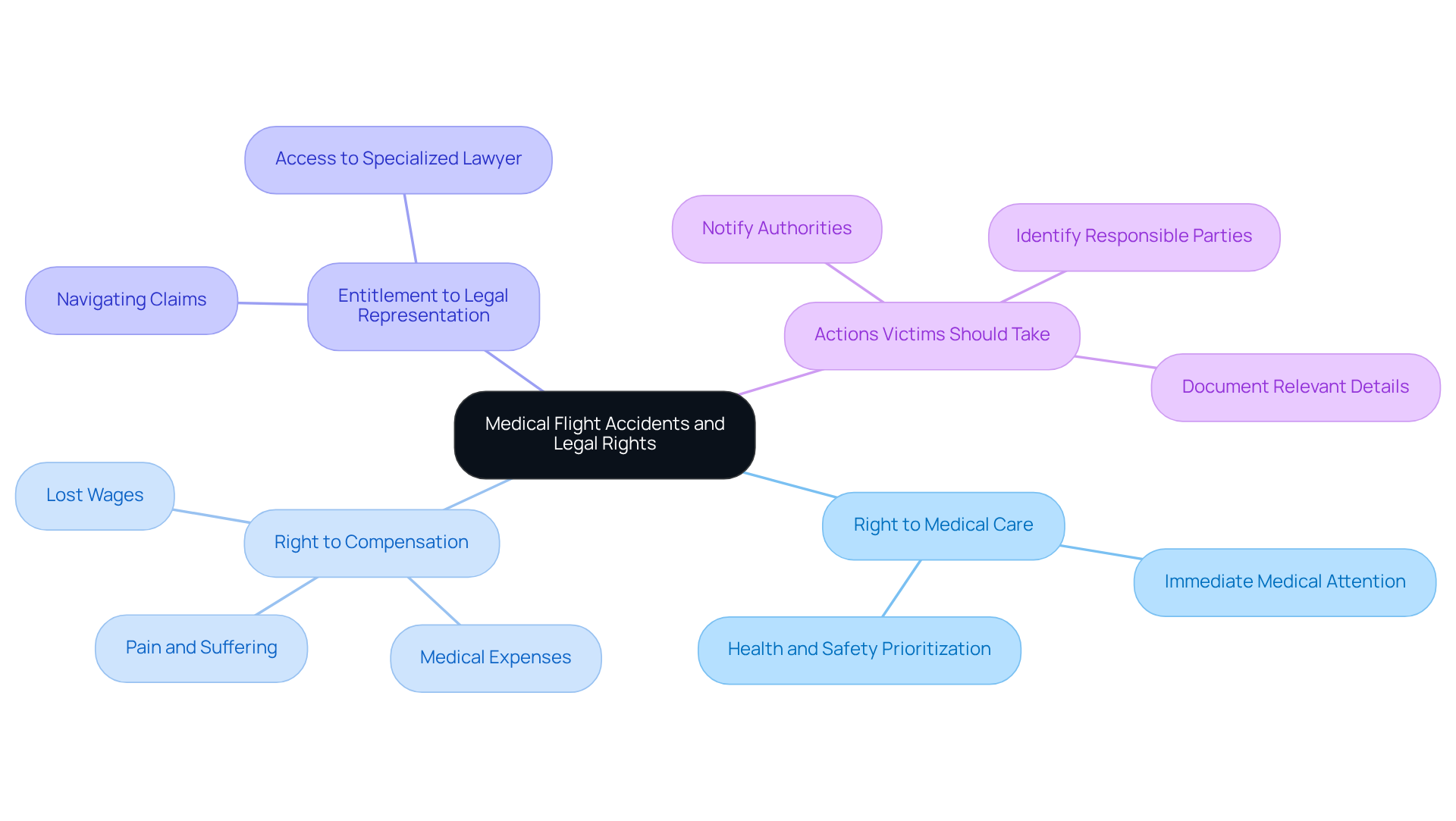 The center represents the overall topic, while the branches show the specific rights and actions victims can take. Each color-coded branch helps you easily identify different aspects of legal support available to those affected by medical flight incidents.