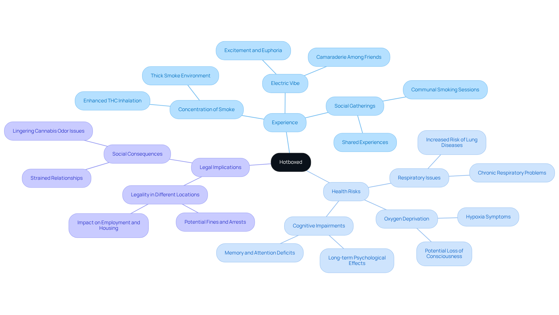 The center represents the term 'hotboxed', with branches showing different aspects of the concept. Each color-coded branch helps you see how the experience, risks, and legal issues are connected. The center represents the term 'hotboxed', with branches showing different aspects of the concept. Each color-coded branch helps you see how the experience, risks, and legal issues are connected.